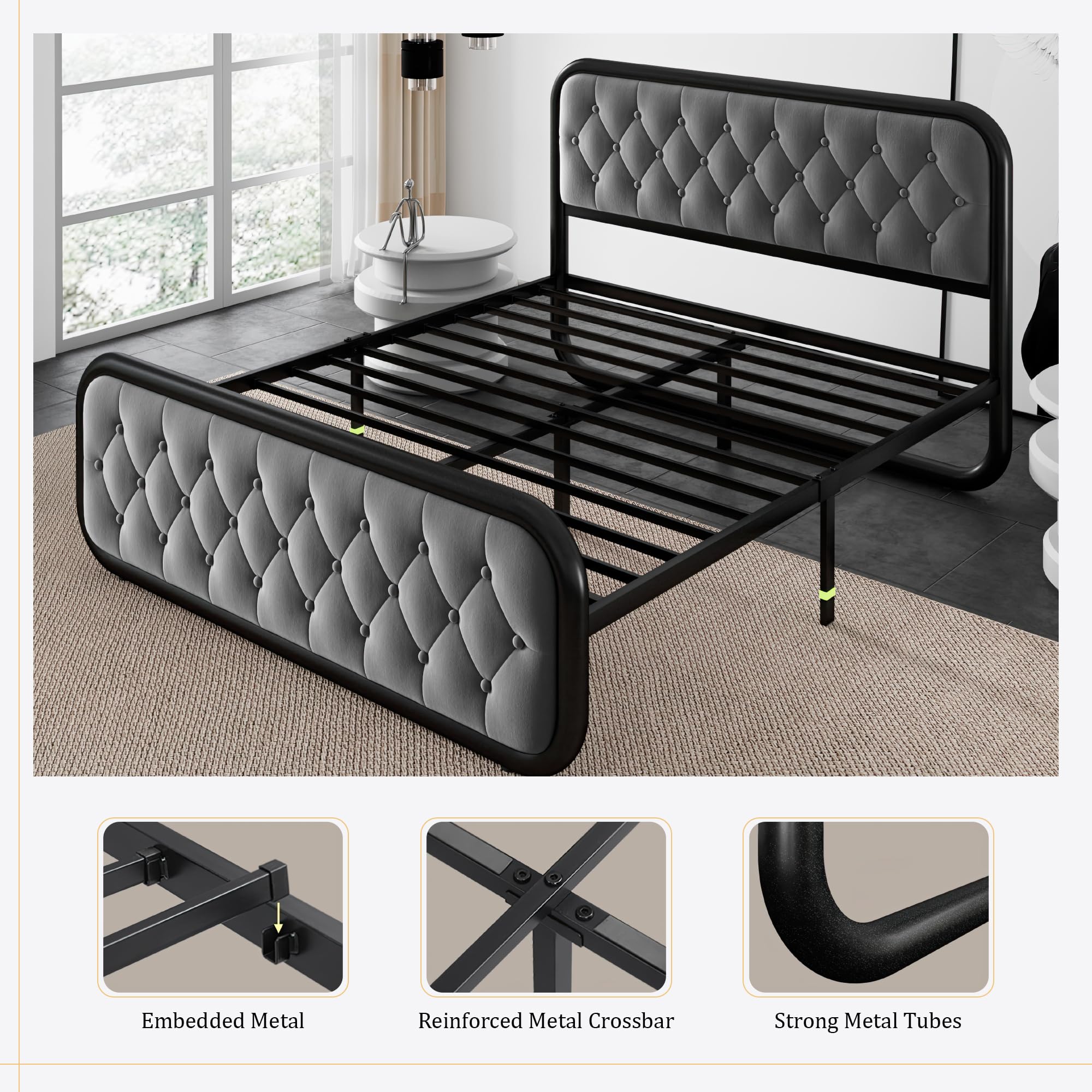 yoyomax King Size Bed Frame with Velvet Button Tufted Headboard, Heavy Duty Bed Frame Platform with Strong Metal Slats,12" Under-Bed Storage, Noise-Free & No Box Spring Need,Easy Assembly, Grey