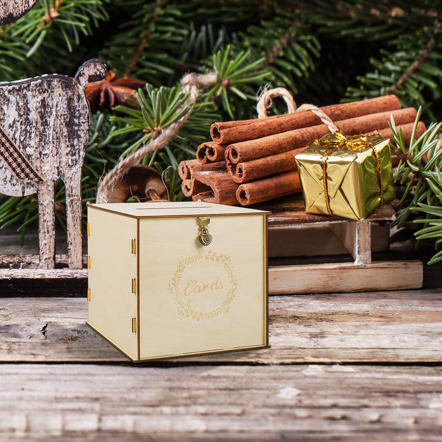 Wooden Wedding Card Box with Security Heart Lock,Rustic Wedding Envelope Box, Decorative Gift Card Box , Perfect for Weddings, Baby Showers, Birthdays, Graduations, 10.2" x 10.2" x 10.2" (Original)