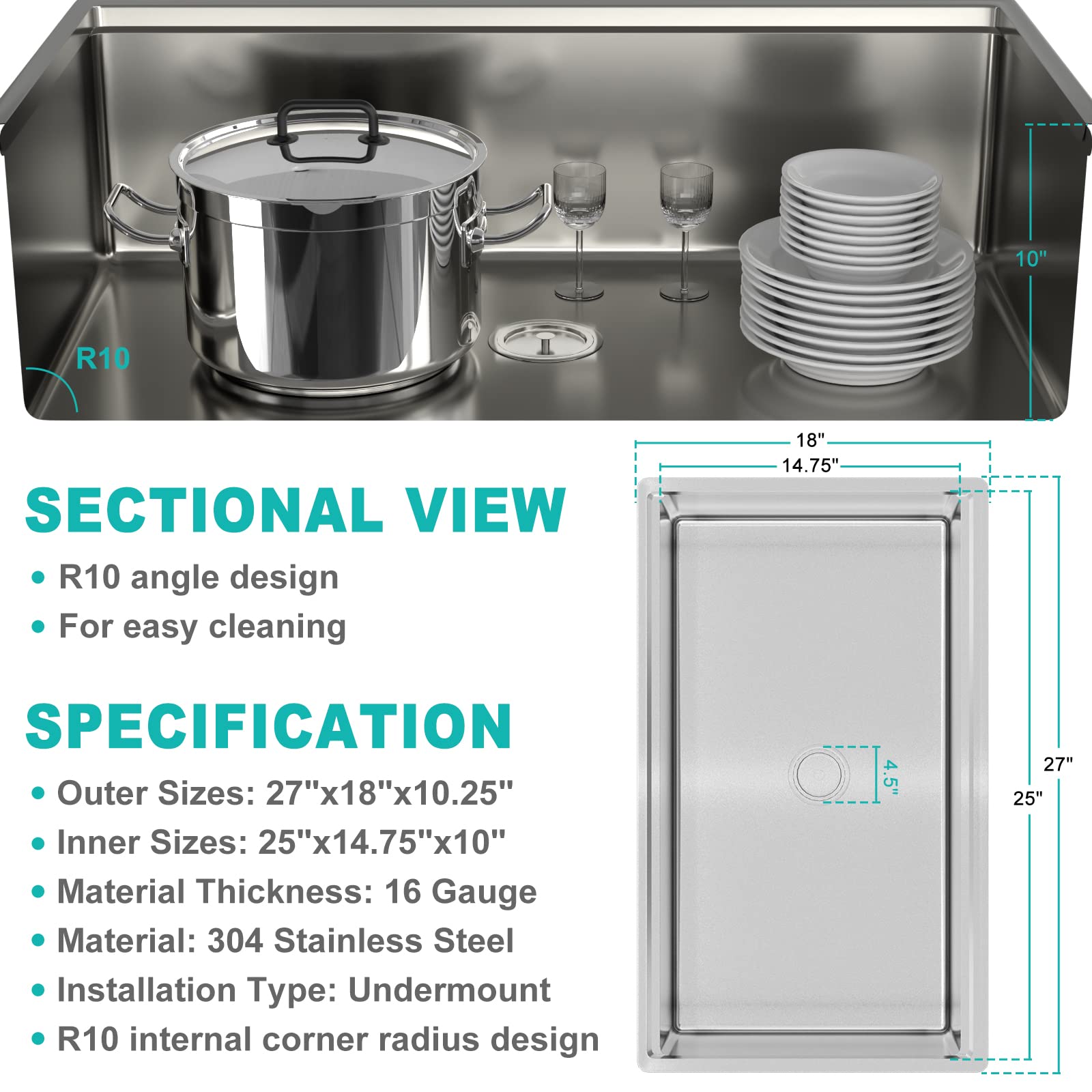 Tysun 27 Inch Undermount Kitchen Sink - 16 Gauge Drop In Kitchen Sink - Stainless Steel Single Bowl Kitchen Sink - Workstation Sink with Accessories