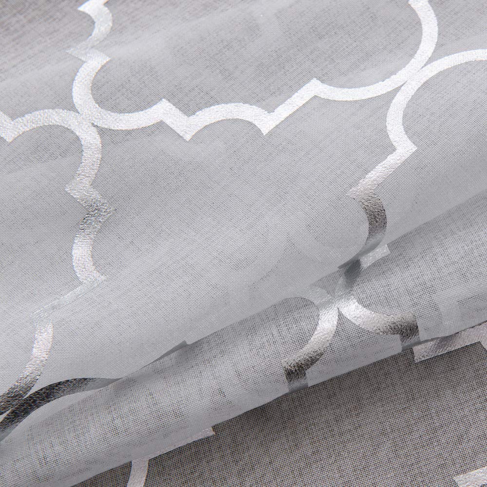 YJ YANJUN White Silver Kitchen Curtains 45 Inch Length Metallic Prin Short Curtains for Small Window Sheer Curtains 45 inch Length Set of 2 Panels 52 W x 45 L Inch White/Silver