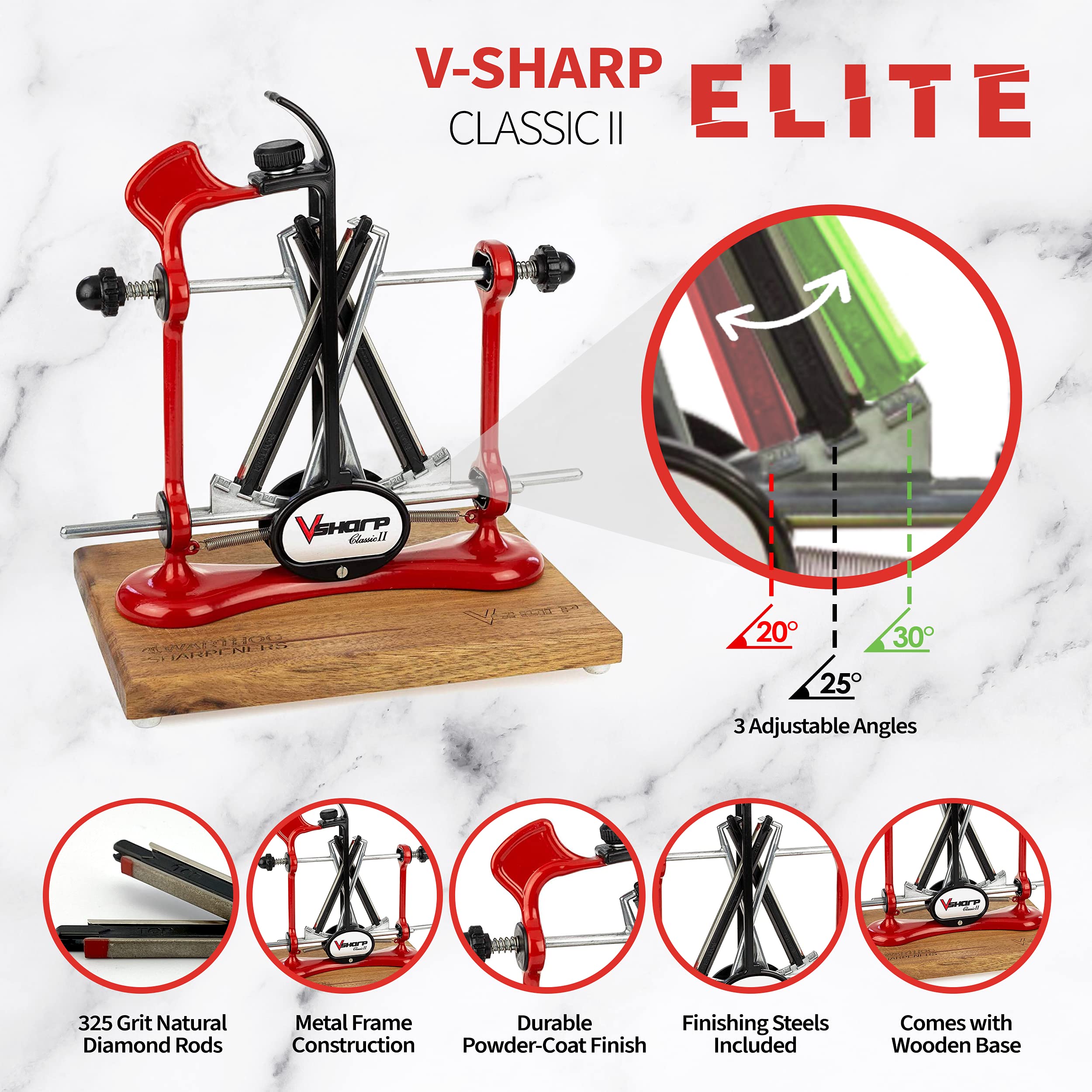 Warthog V-Sharp Elite Knife Sharpeners with Deluxe Wooden Base, 325 Grit Diamond Rods with Adjustable Angles, Professional Knife Sharpener System, Metal Frame Construction, Red