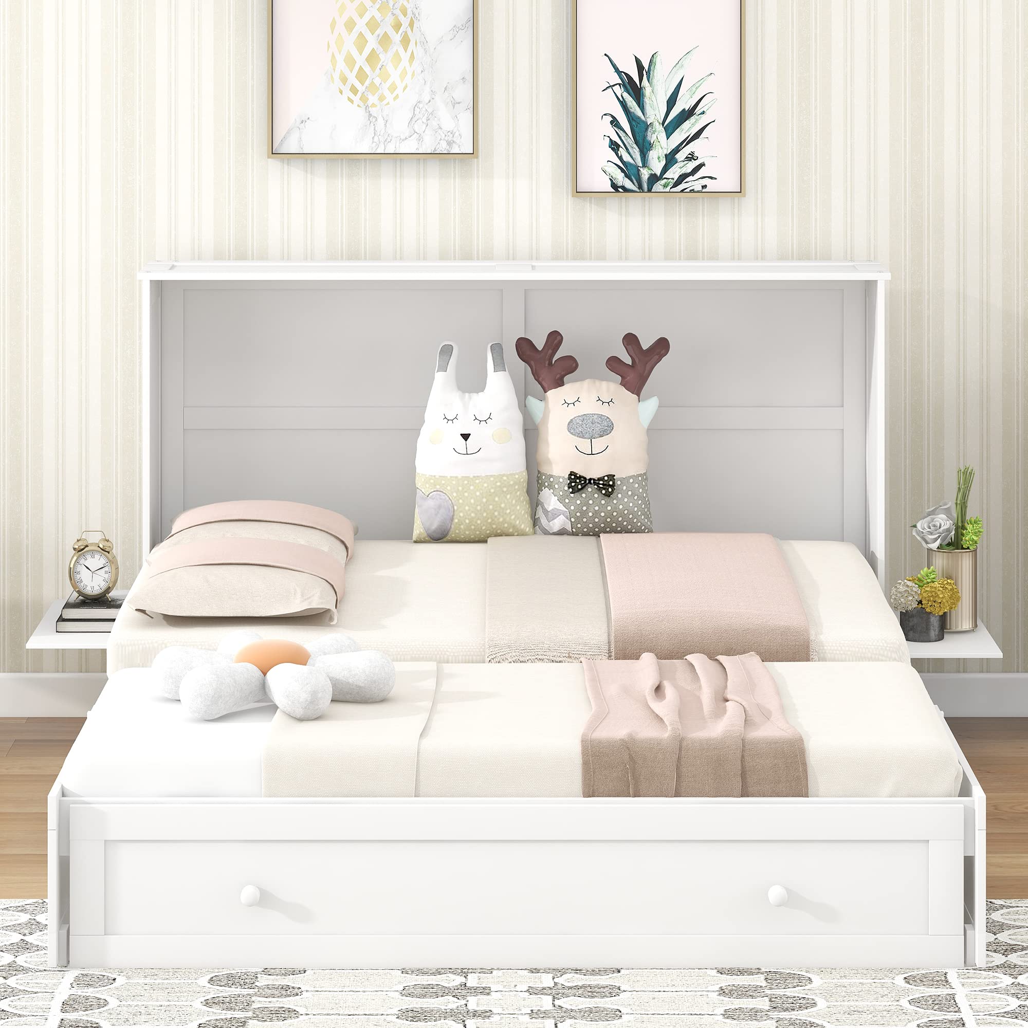 Zenvya White Queen Size Murphy Bed with Storage Drawer and 2 Little Shelves, Queen Murphy Wall Bed, Wooden Queen Platform Bed Frame for Bedroom Living Room, No Spring Box Needed (White)