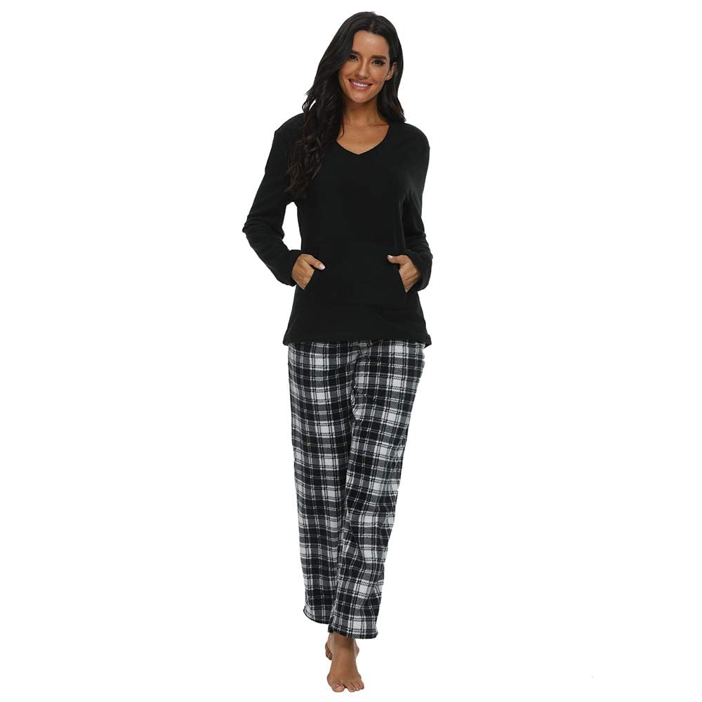 U2SKIIN Mens Pajama Set, Plaid Pajamas for men Long Sleeve Sleepwear Warm Pjs Set with Pockets(Black/Red-Black Plaid, XL)