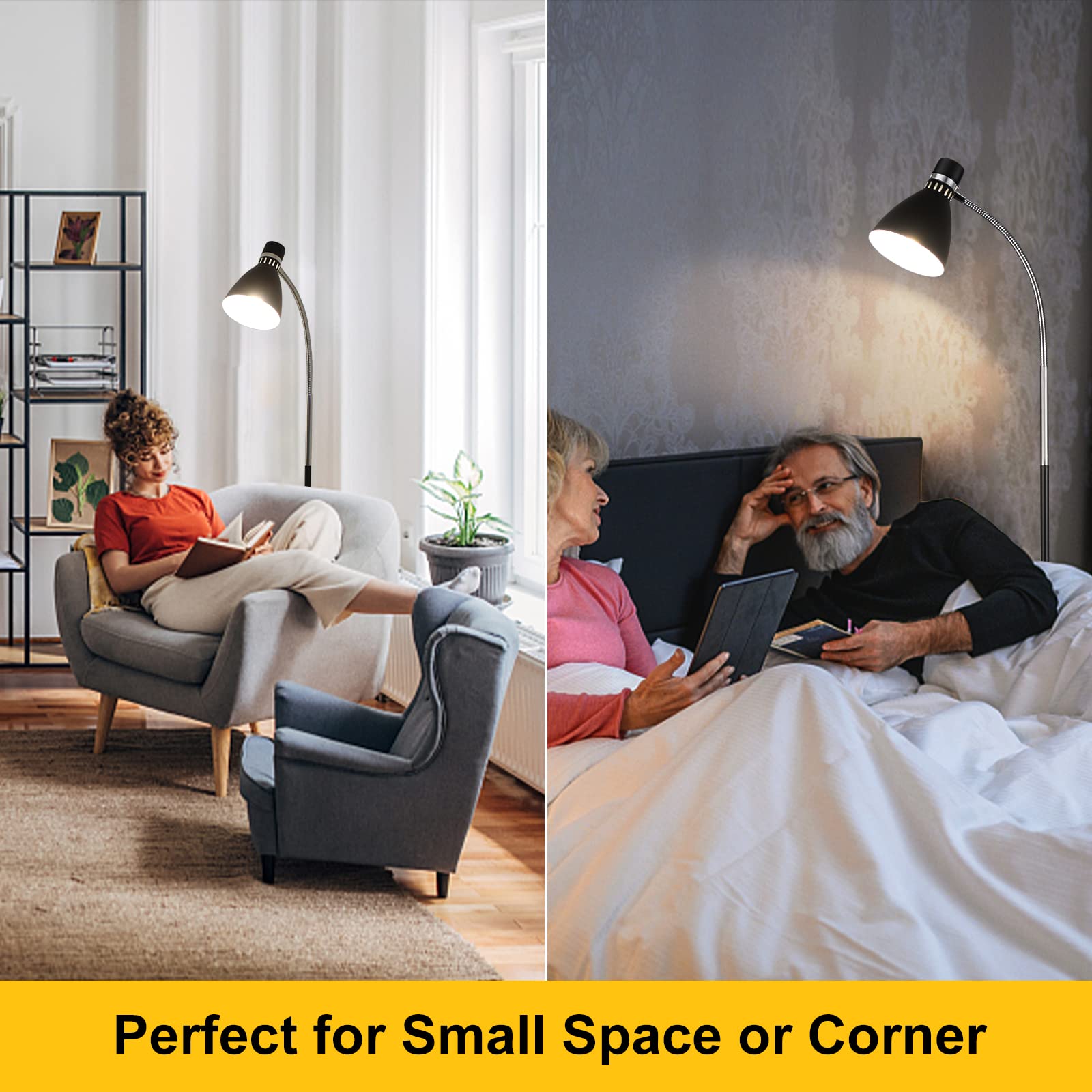 TJBIN Adjustable Gooseneck Floor Lamp White,Floor Reading Lamp for Bedroom, Grow Light for Indoor Plants. Minimalist Standing Lamp & Small Task Floor Light