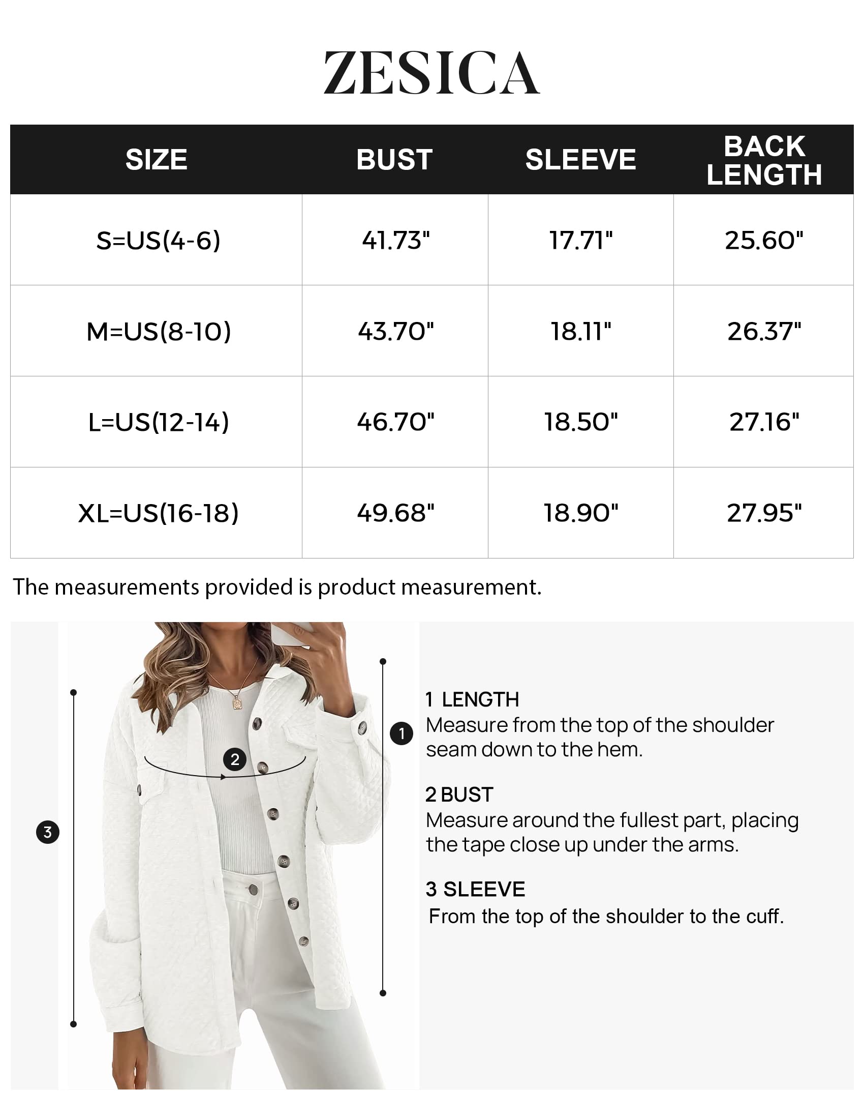 ZESICA Women's Casual Long Sleeve Button Down Loose Lightweight Shacket Shirt Jacket Coat Outerwear with Pockets,White,Medium