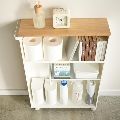 Yamazaki Home Rolling Slim Bathroom Utility Cart with Handle - Storage Shelf Narrow Organizer Rack Steel One Size White