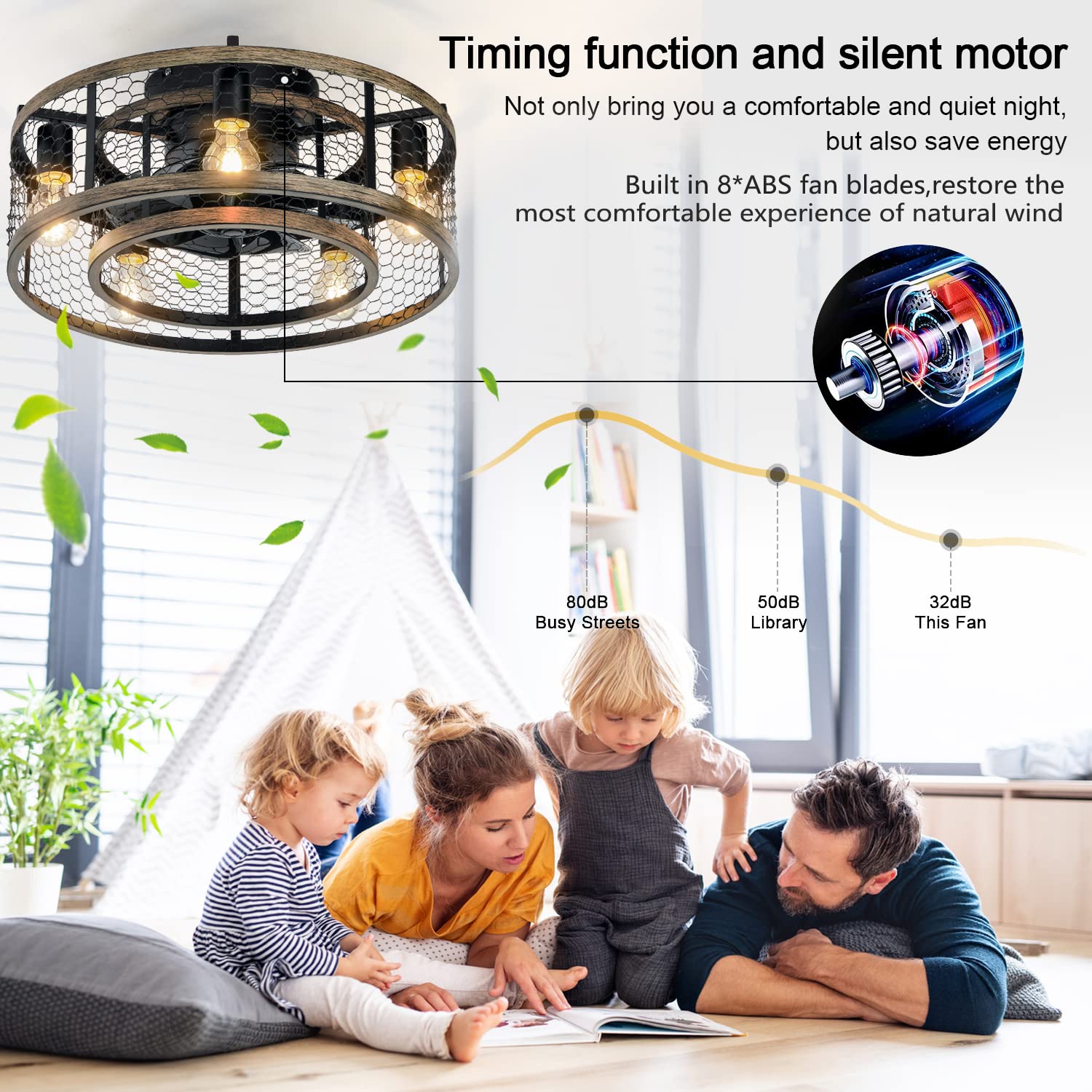 TFVV 20" Caged Ceiling Fan with Light,Low Profile Flush Mount Bladeless Small Ceiling Fan Light for Bedroom,Livingroom (Copper)