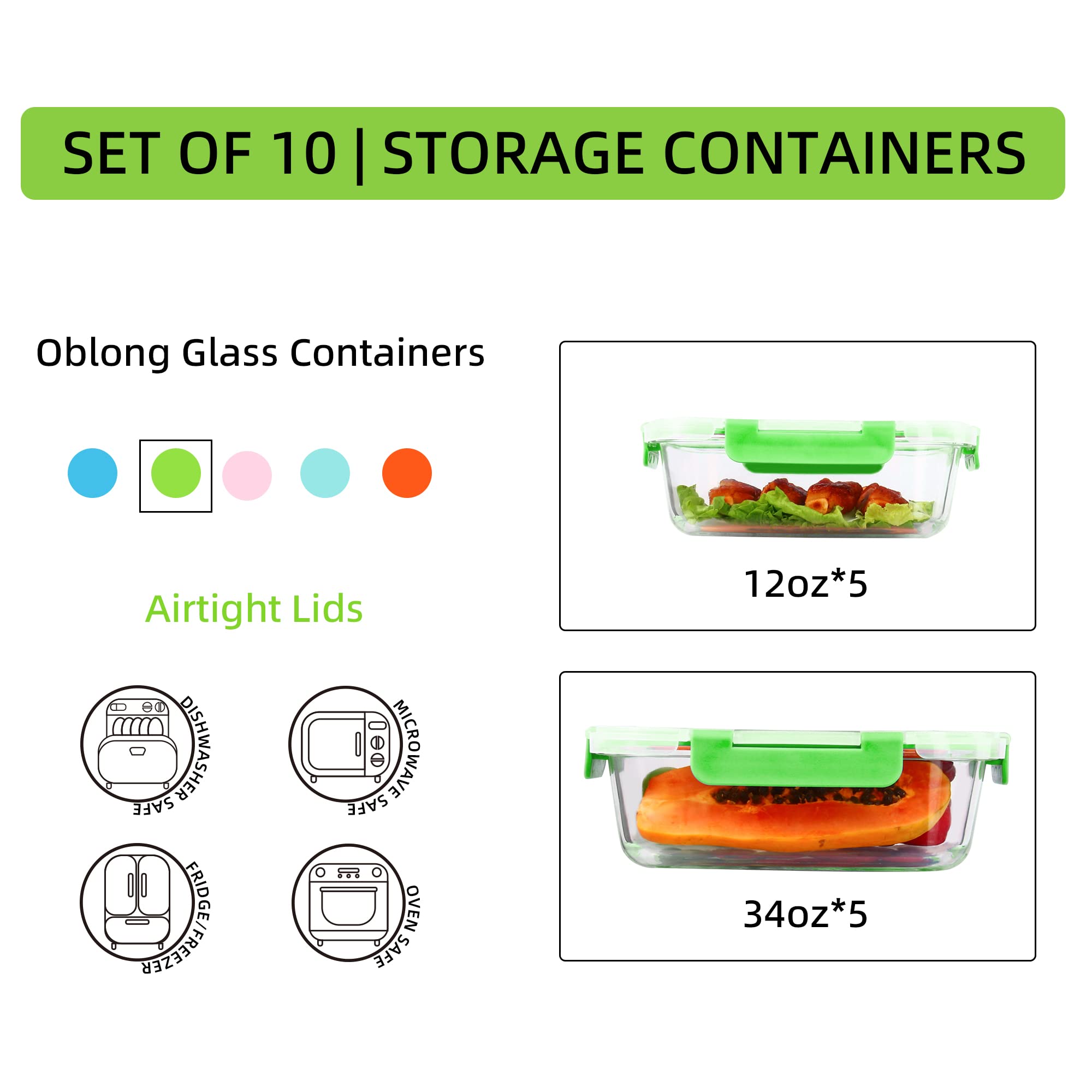 YANGNAY 10 Pack Glass Food Storage Containers with Airtight Lids, Leak-Proof Meal Prep Containers with Lids, Dishwasher/Microwave/Oven/Freezer Safe (Blue)