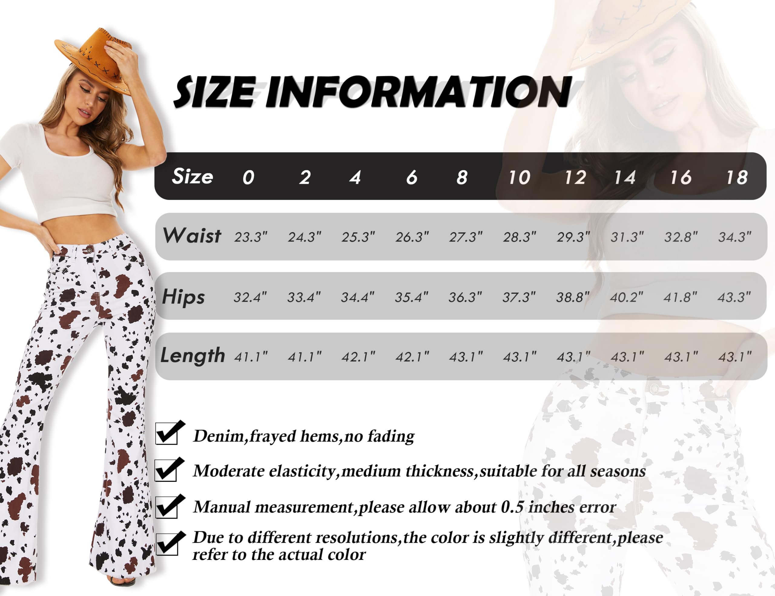 Zhangyan Womens Cow Flare Jeans Stretch High Waisted Button Bellbottoms Pants Hem Fray(cow,2)