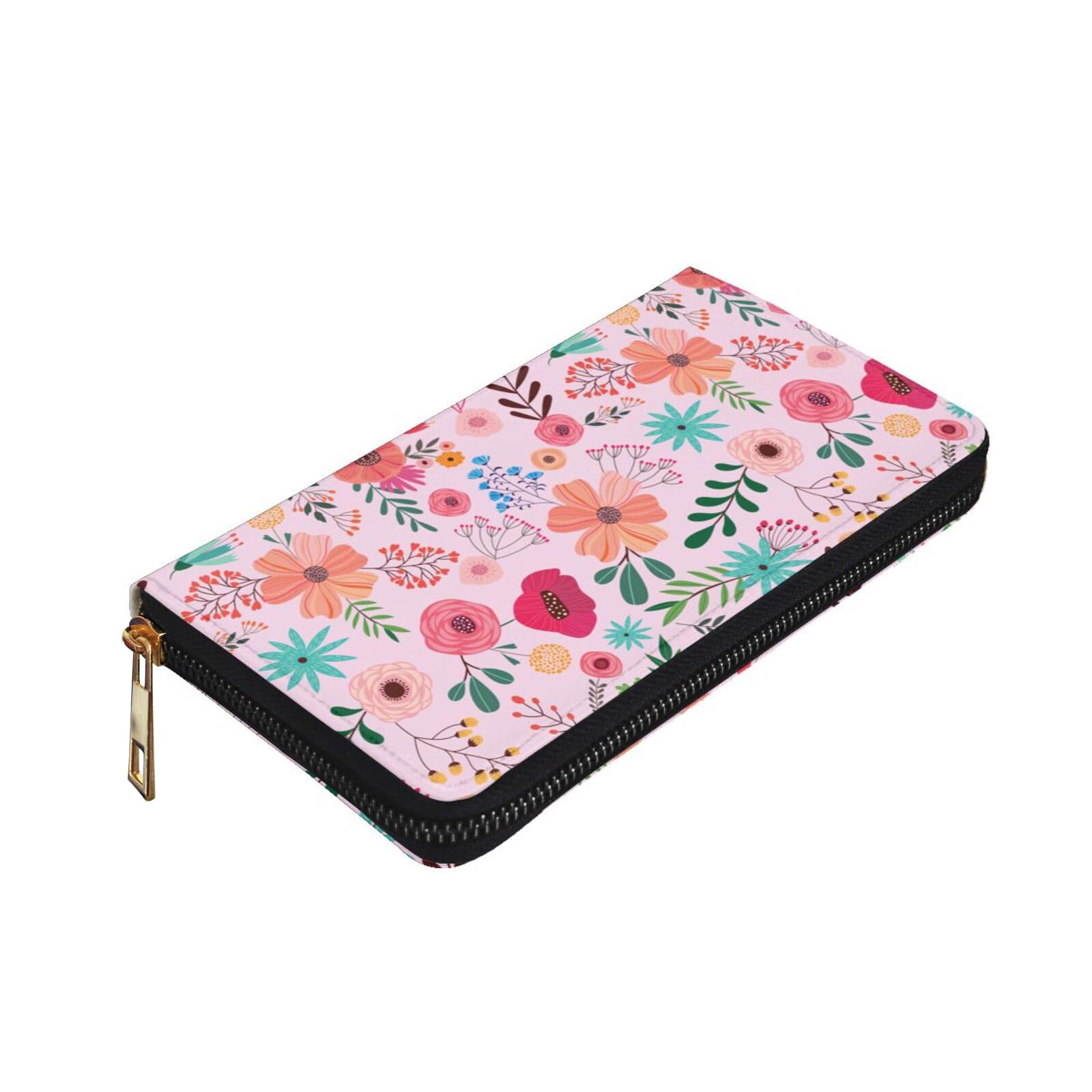 Women's Leather Pink Floral Wallet RFID Blocking Credit Card Holder Zipper Purse