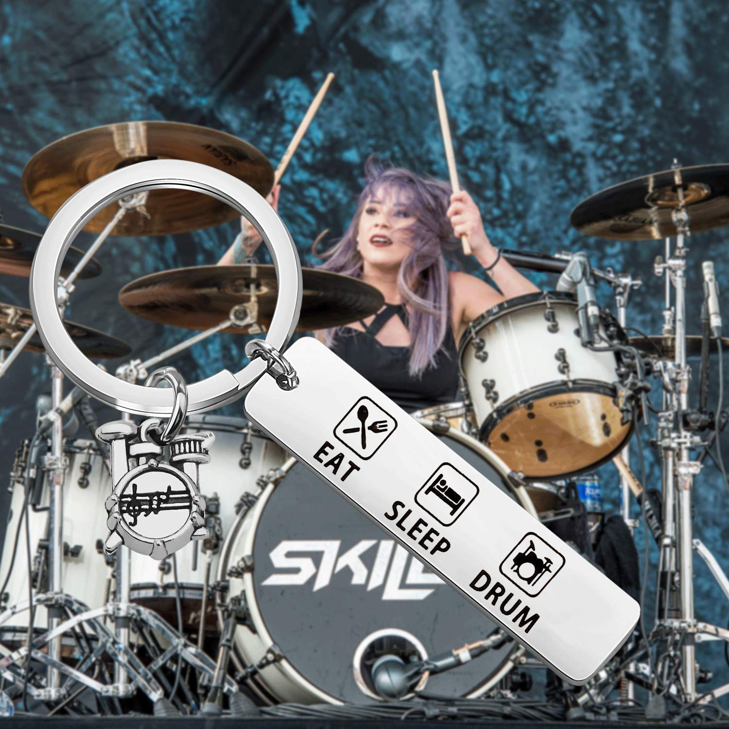 WSNANG Drummer Gift Eat Sleep Drum Keychain Drum Player Band Gift Drum Kit Gift Percussion Jewelry Musician Gift (Drum Keychain)