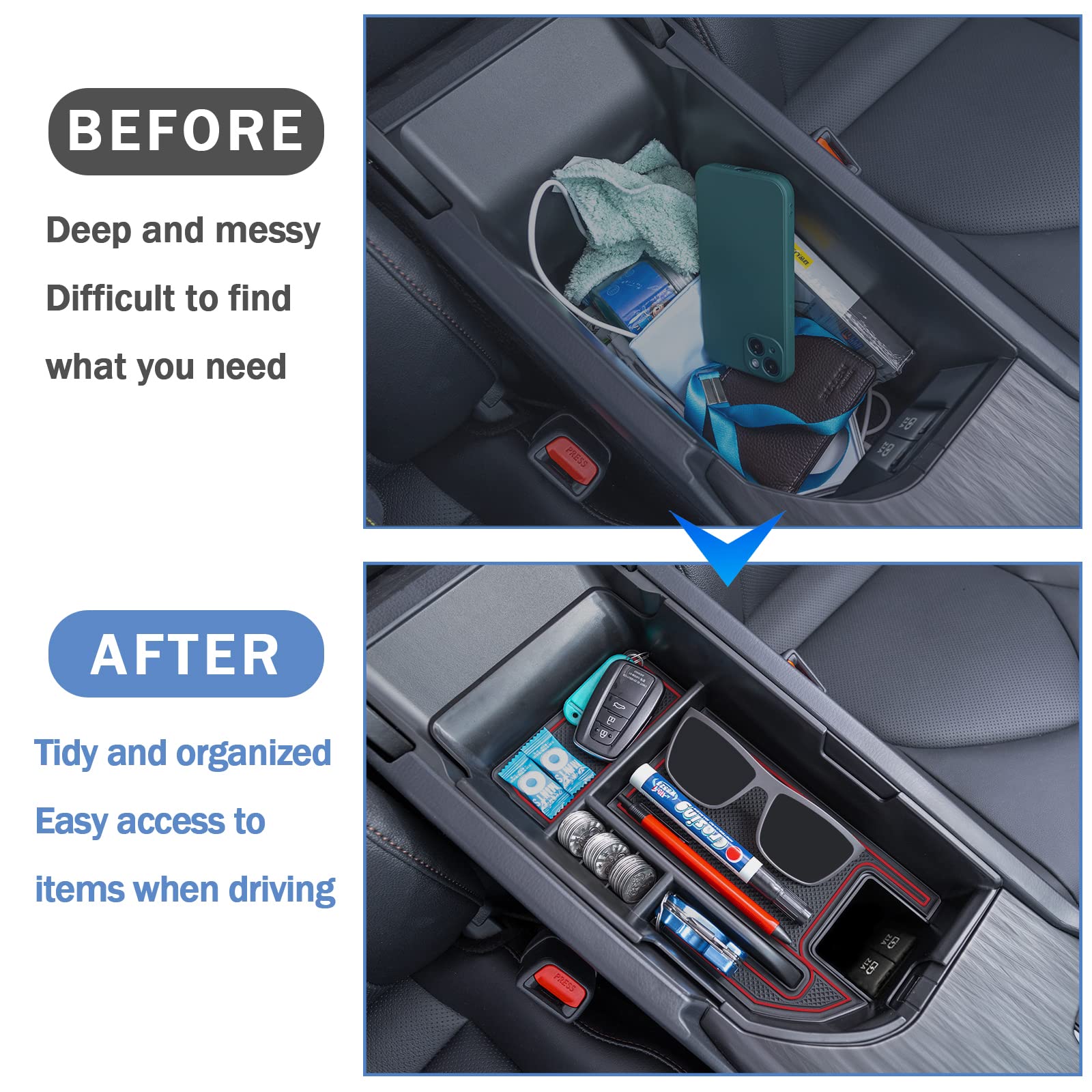 TOPINSTALL Red Center Console Organizer Compatible with 2018-2023 2024 Toyota Camry XLE XSE and 2020-2024 Camry LE SE with Dual USB Ports, Interior Accessories Armrest Tray Insert (Not for 2025)