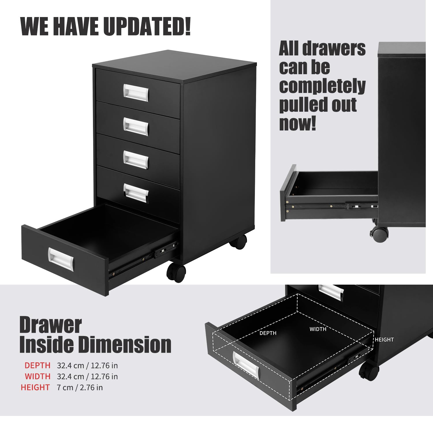 TOPSKY 5 Drawer Mobile Cabinet Fully Assembled Except Casters Built-in Handle (Black)