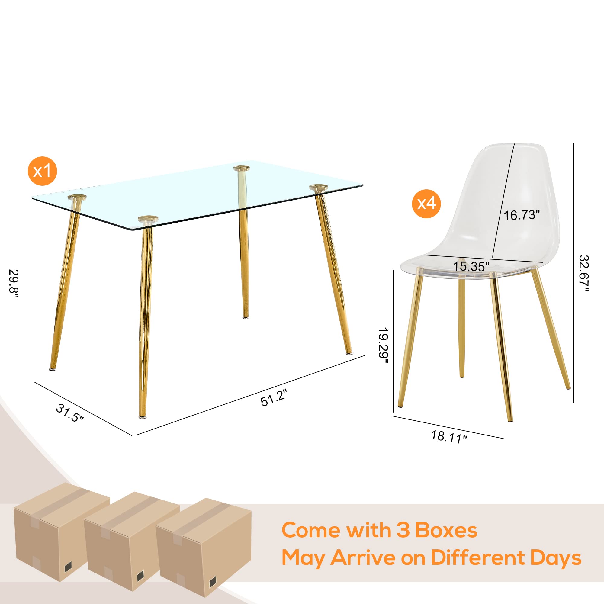 Ufurpie 5 Piece Glass Dining Table Set,51" Kitchen Table and Chairs for 4,Clear Dining Room Table Sets w/Gold Chrome Legs,Modern Dining Room Sets for Home, Kitchen, Dining Room(Gold)
