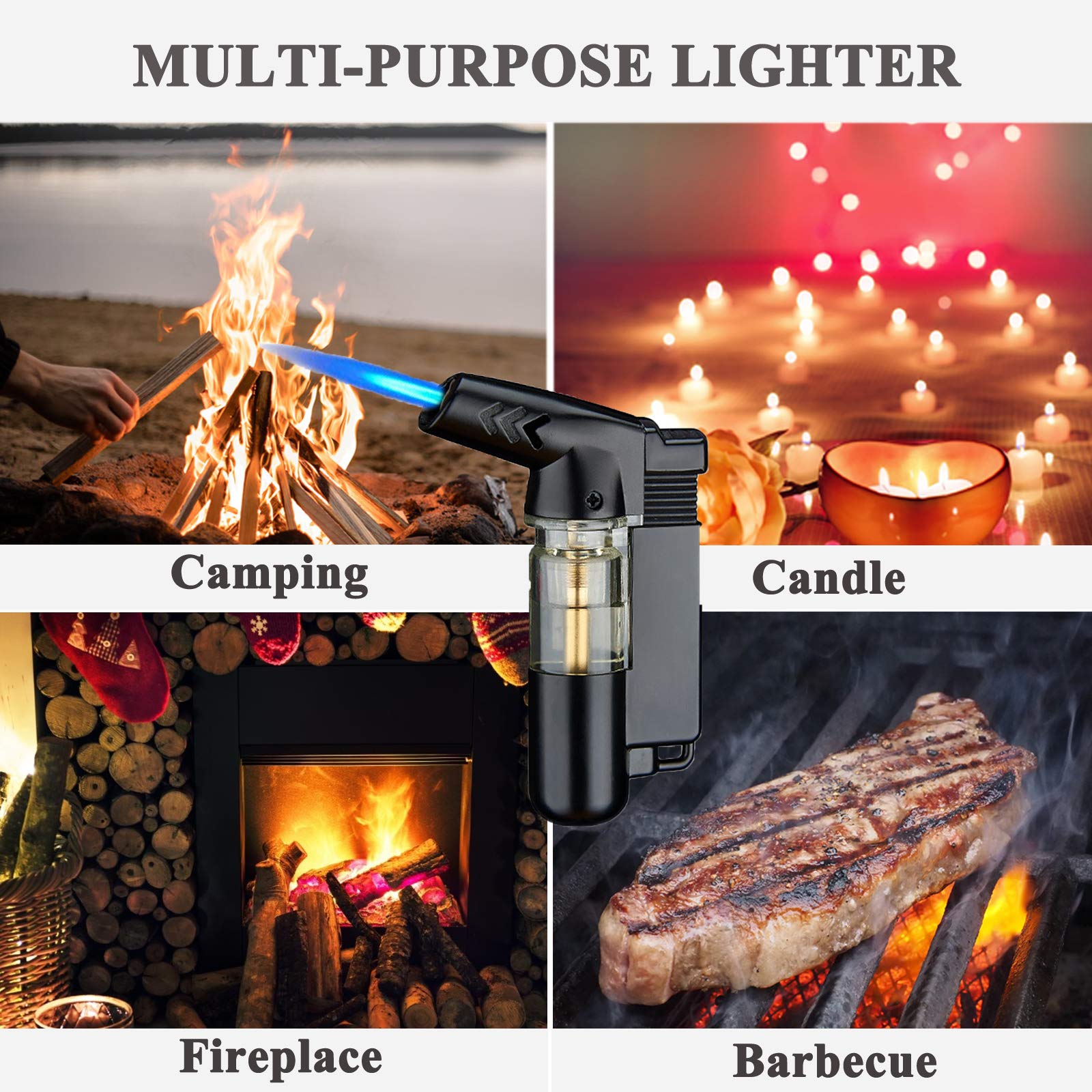 Torch Lighters,Windproof Lighter with Visible Window,Windproof Refillable Lighter,Adjustable Jet Flame,Used for Barbecue Kitchen Fireplace Candles etc,2 Pack(Gas not Included) (Black)