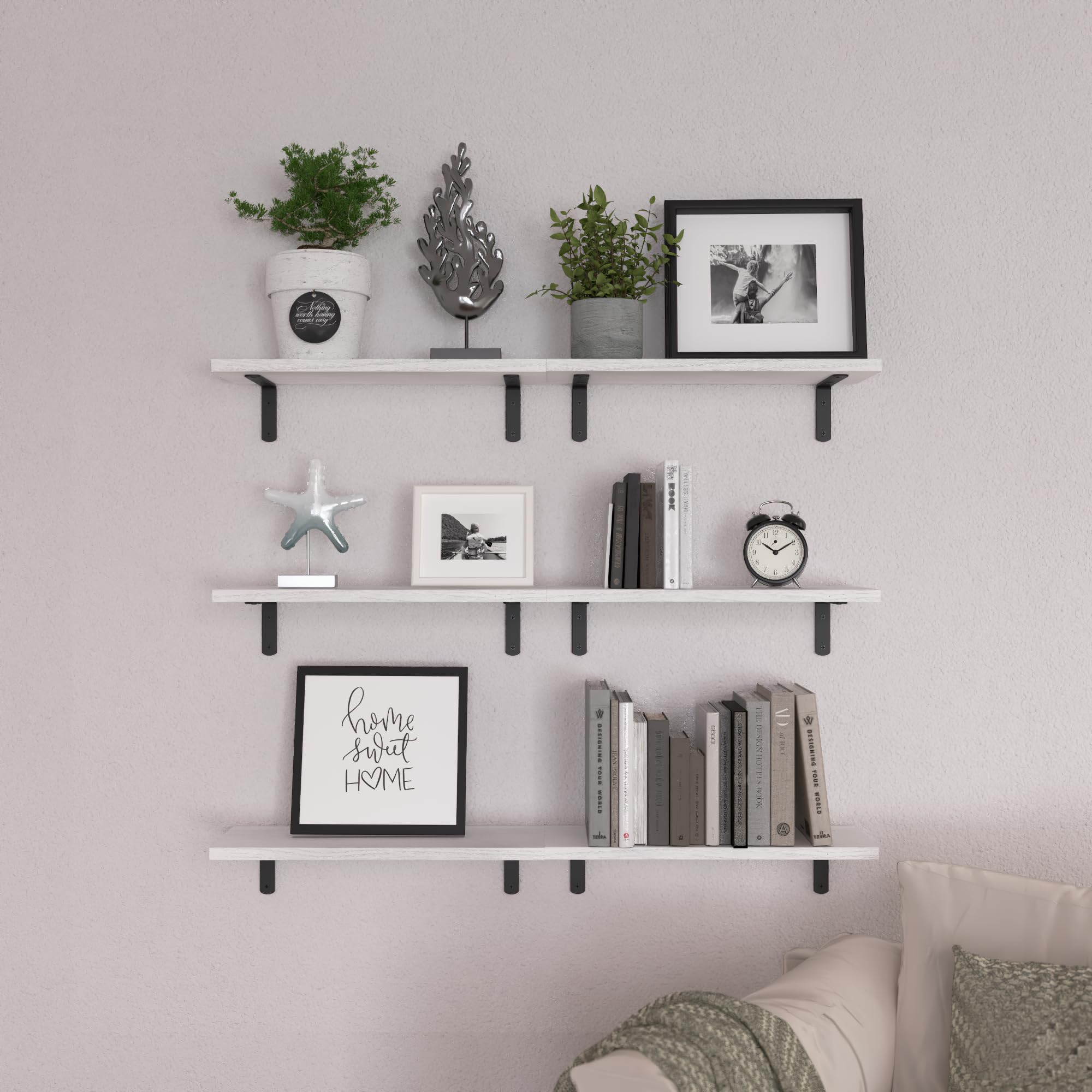WOPITUES Floating Shelves Set of 6, Wood Floating Wall Shelves for Wall Decor, Bathroom Shelves, Book Shelves for Living Room-Modern White