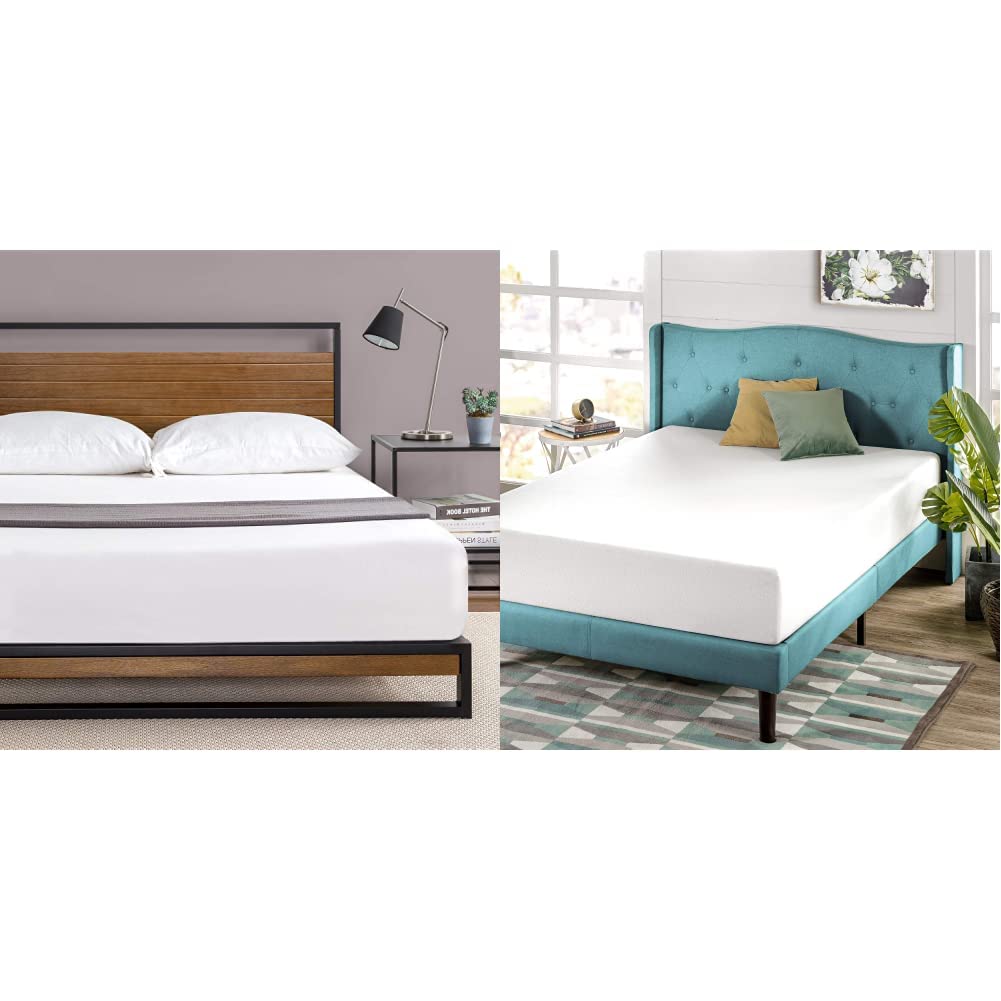 ZINUS Suzanne 37 Inch Metal and Wood Platform Bed Frame / Solid Wood & Steel Construction, Chestnut Brown, Queen & 10 Inch Green Tea Memory Foam Mattress / CertiPUR-US Certified, Queen