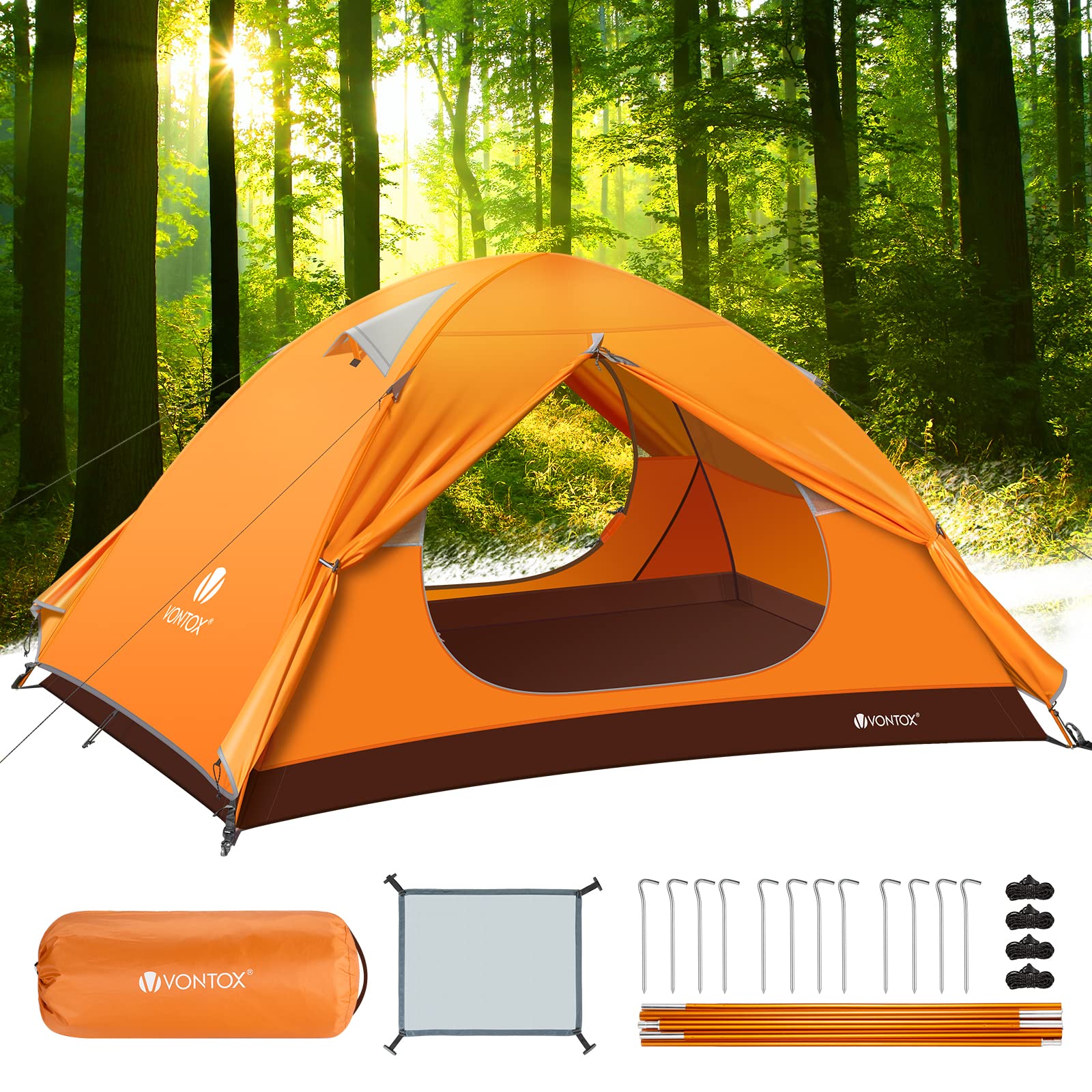 V VONTOX 2-3 Person Ultralight Backpacking Tent, Orange, Waterproof, Windproof, 86.6 x 48.4 in, 31 sqm