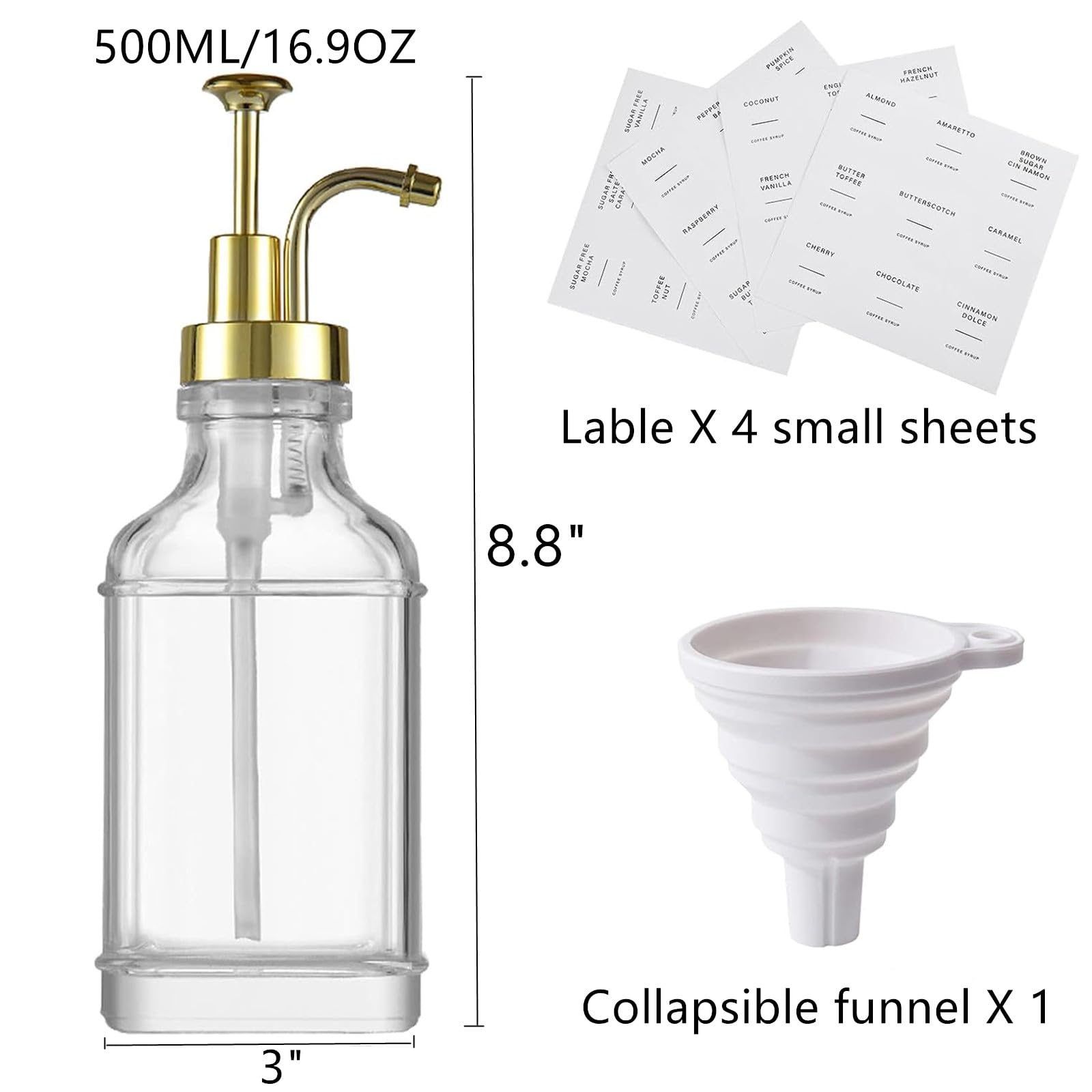 YCOCO Coffee Syrup Pump Dispenser,2 Pack Coffee Syrup Dispenser for Coffee Bar Accessories,Glass Syrup Bottles with Gold Pumps and Labels,16.9 oz 500ml Simple Syrup Dispenser