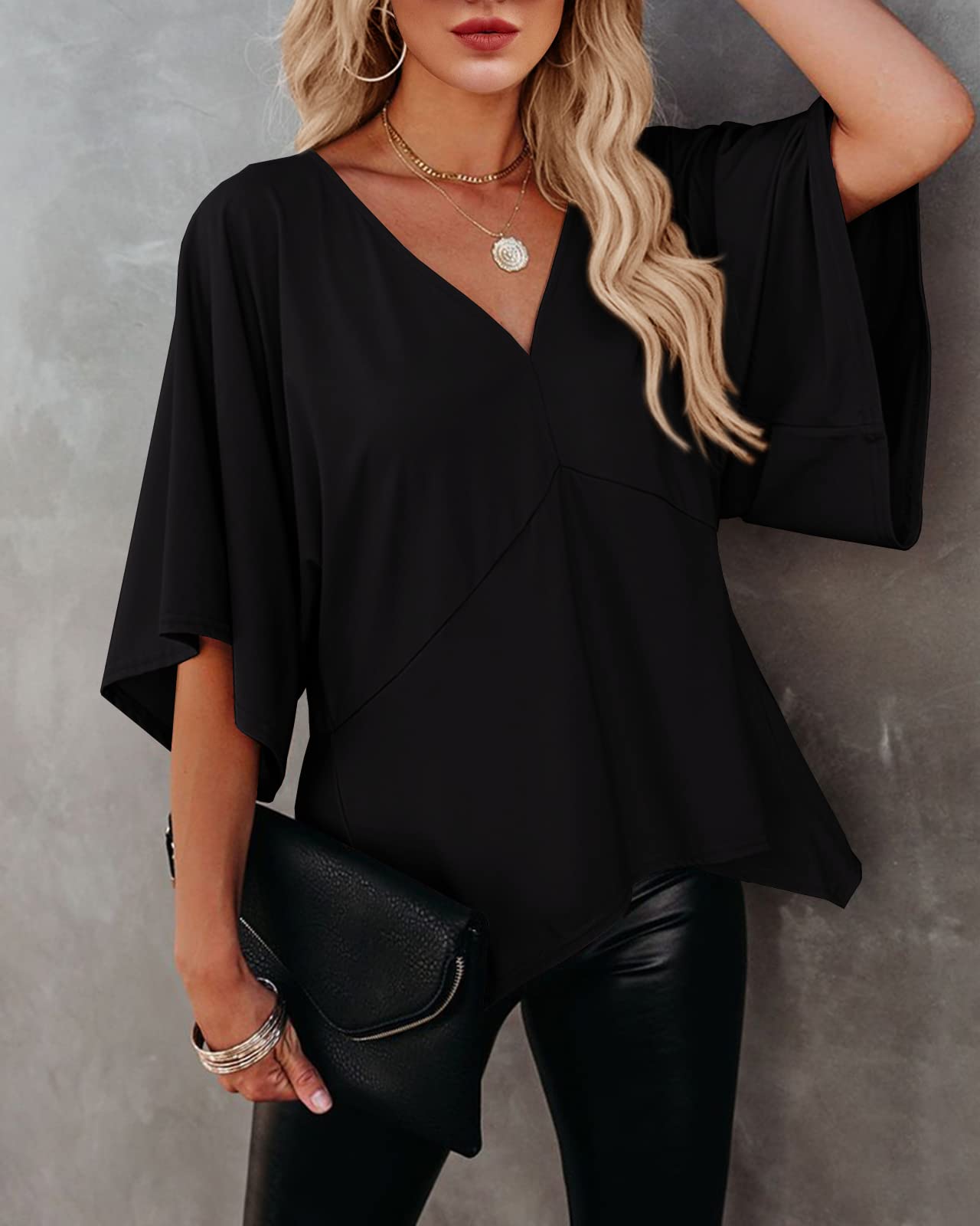 Womens V Neck 3/4 Bell Sleeve Blouse Tops Summer Loose Solid Kimono Shirt Patchwork Irregular Hem Tunic Black