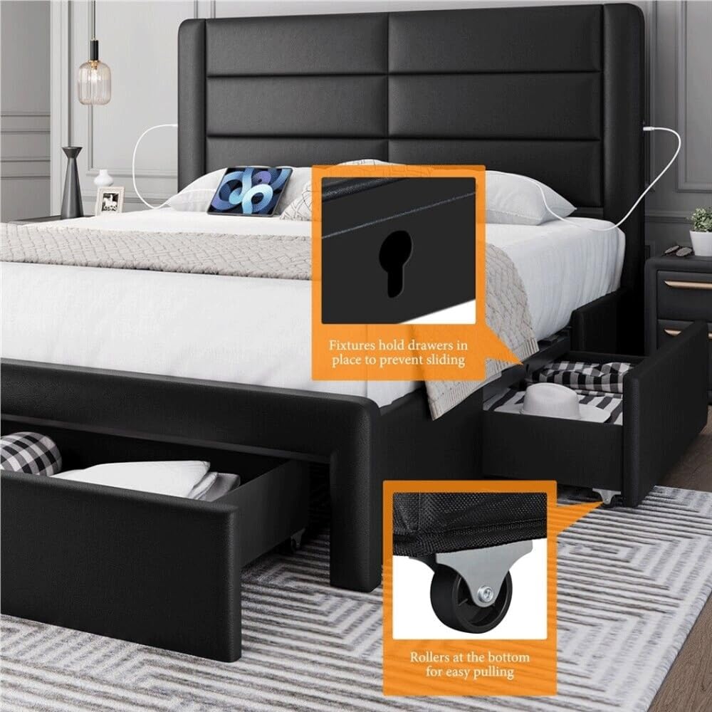 WYKDD Queen Upholstered Bed Frame with 3 Storage Drawers and Built-in USB