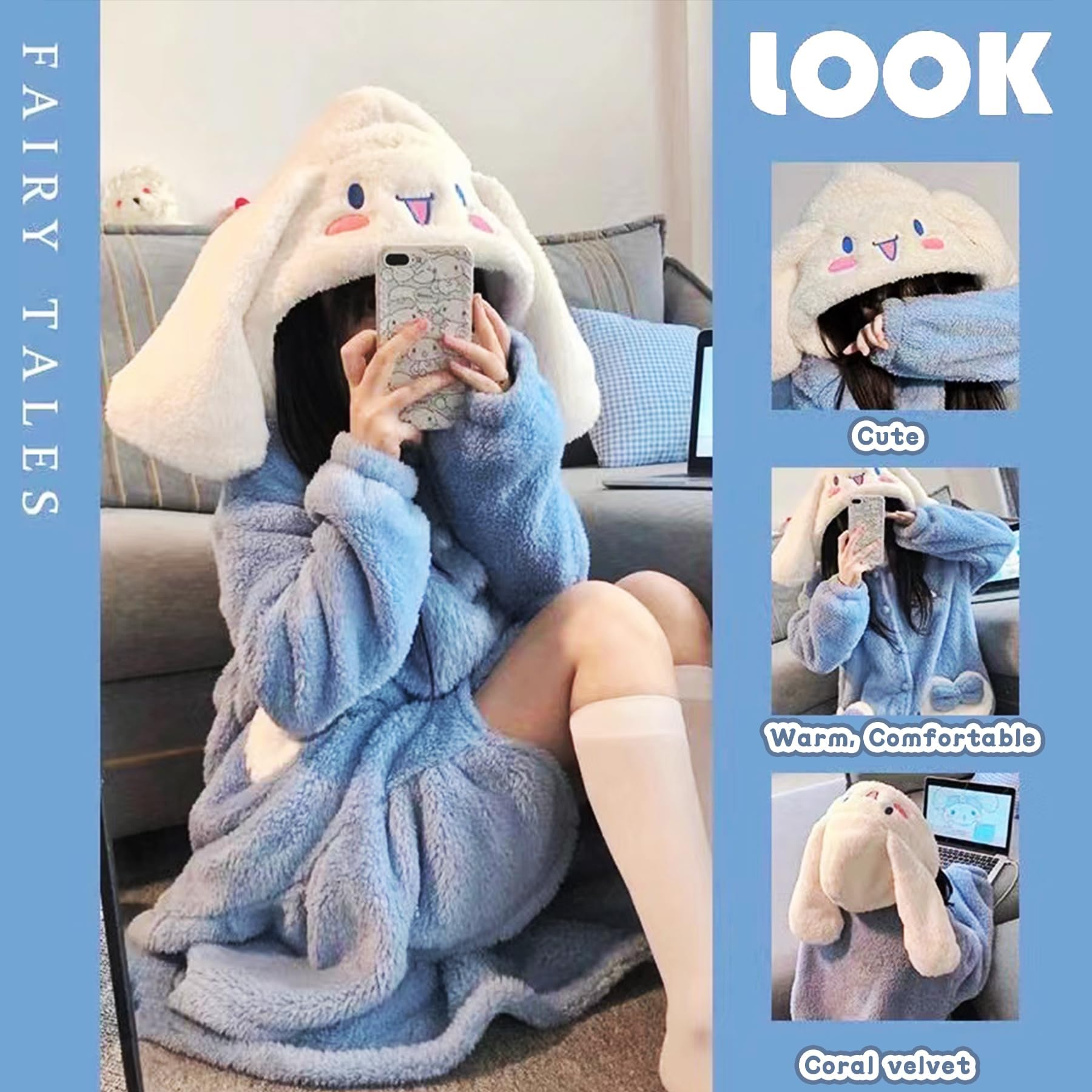 wsvyhoe Cartoon Pajamas Girl Warm Plush Sleepwear Robe Button Bathrobe Halloween Christmas Cosplay Clothes-M