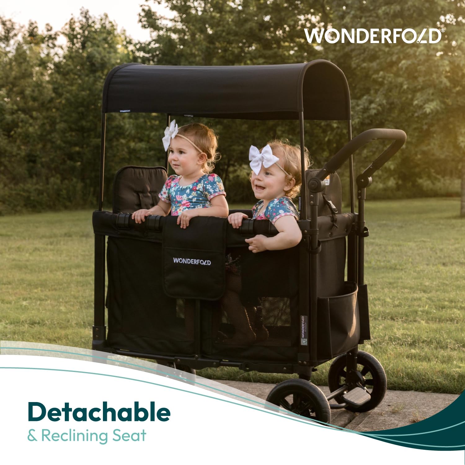 WONDERFOLD W2 Luxe Double Stroller Wagon (2 Seater) - Collapsible Wagon Stroller with Seats with Magnetic Buckle 5-Point Harnesses and Adjustable Sun Canopy, Volcanic Black
