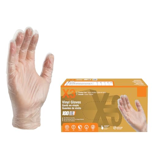 X3 Clear Vinyl Disposable Industrial Gloves, 3 Mil, Latex & Powder-Free, Food-Safe, Non-Sterile, Smooth, X-Large, Box of 100