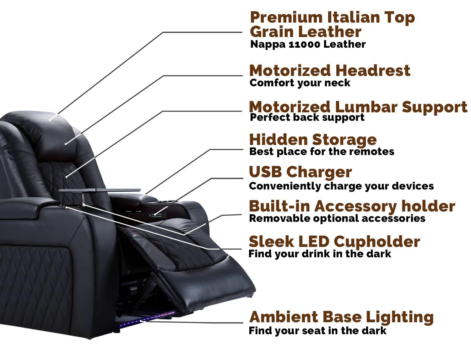 Valencia Tuscany Home Theater Seating | Premium Top Grain Italian Nappa 11000 Leather, Power Reclining, Power Lumbar Support, Power Headrest (Row of 4, Black)