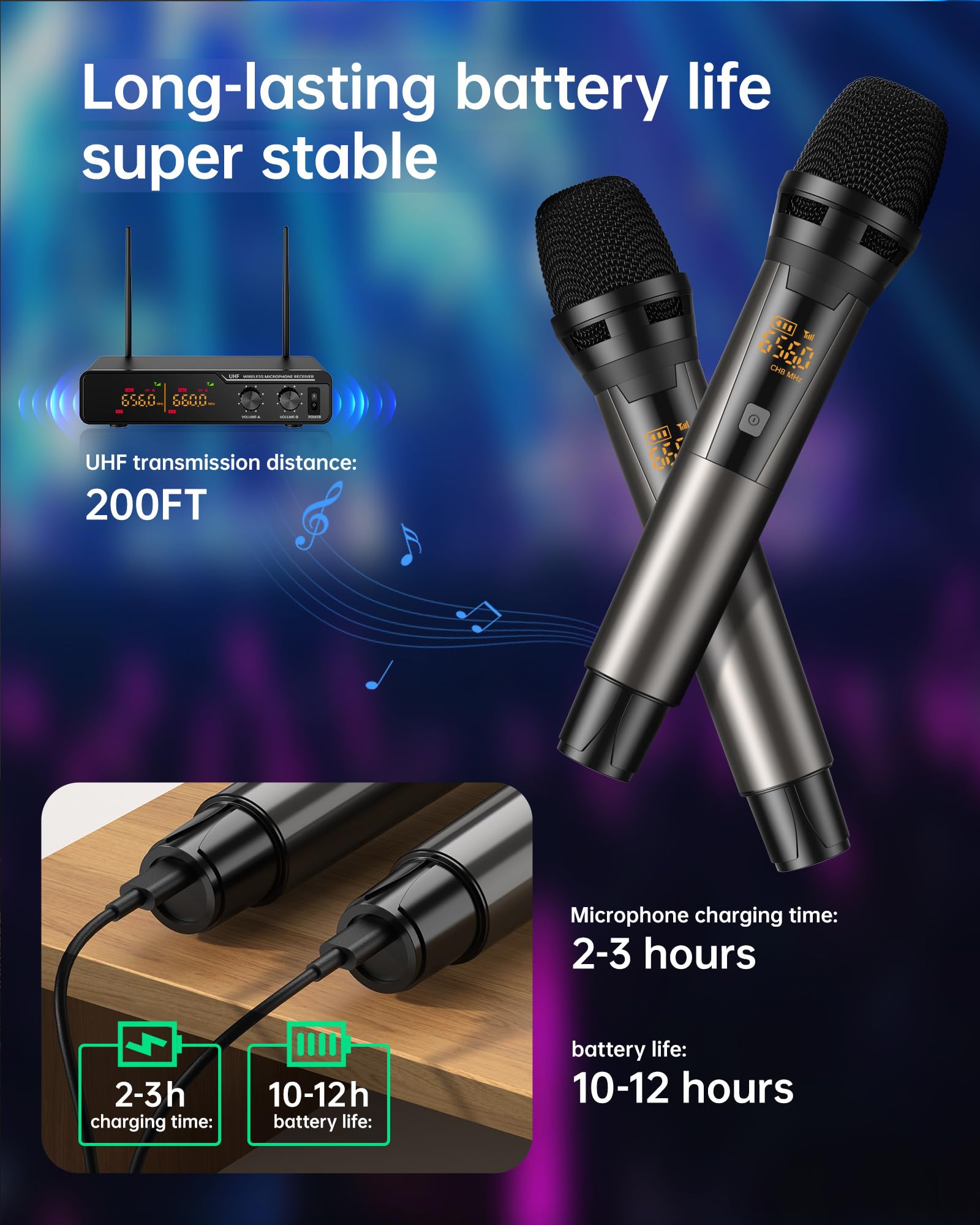 Wireless Microphone system ,UHF All-Metal Dynamic Dual Handed Wireless Microphone Rechargeable,PA System,Stable Signal Transmission 200FT, Independent Volume Control, For Speech, Singing, Church etc