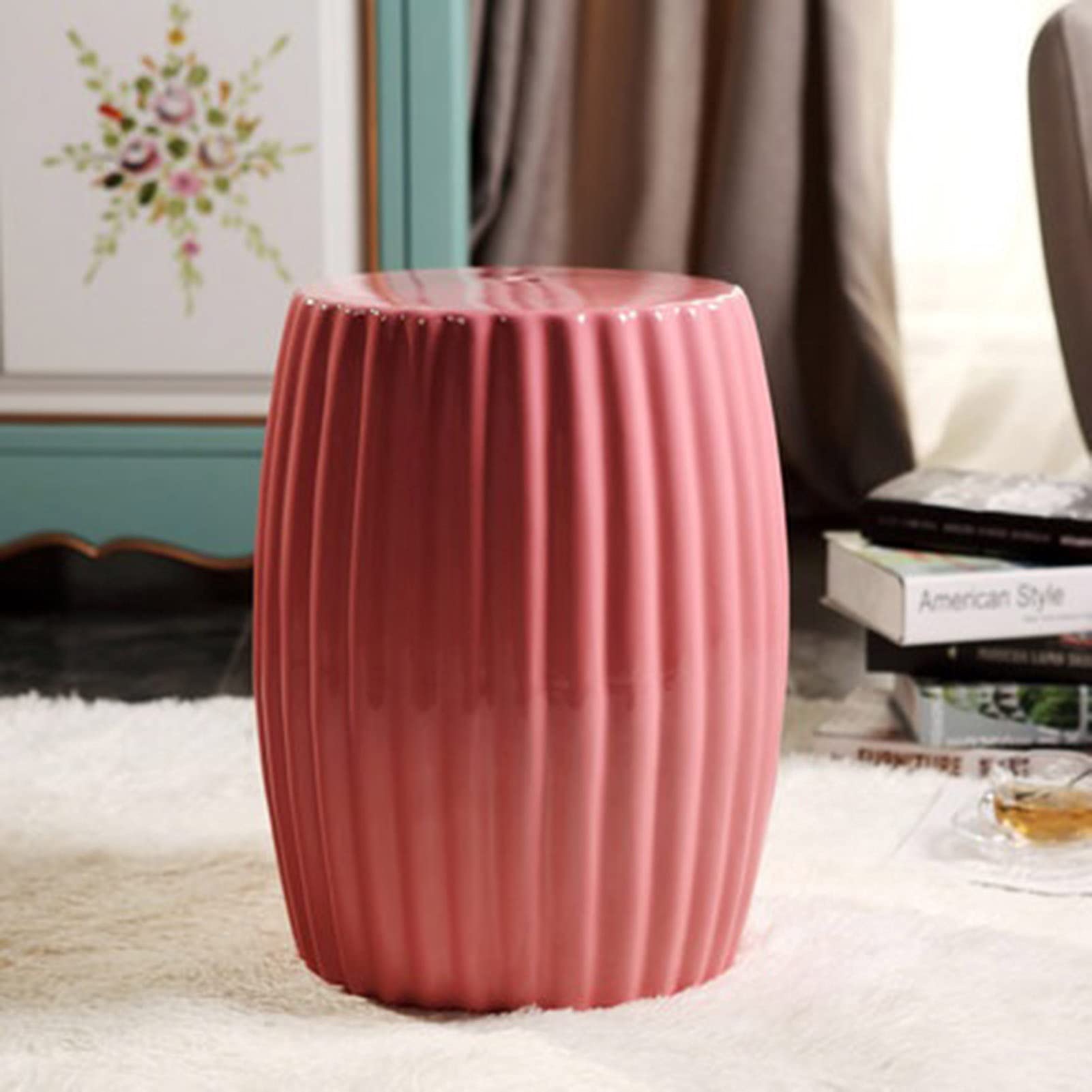 XARONF European-Style Home Decorations, Dressing Stools, Living Room Flower Ceramic Drum Stools, Pavilions Drying Stools. (Color : Pink)