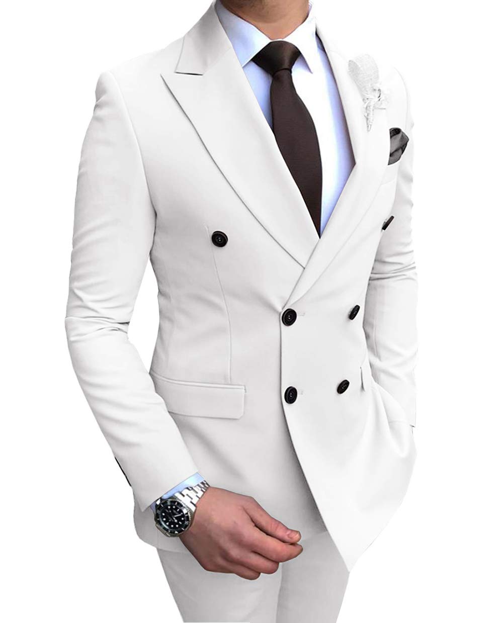 Zeattall Men's Suit 2 Pieces Slim Fit Double-breasted Blazer Wedding Groom Tuxedos(34 Regular,White)