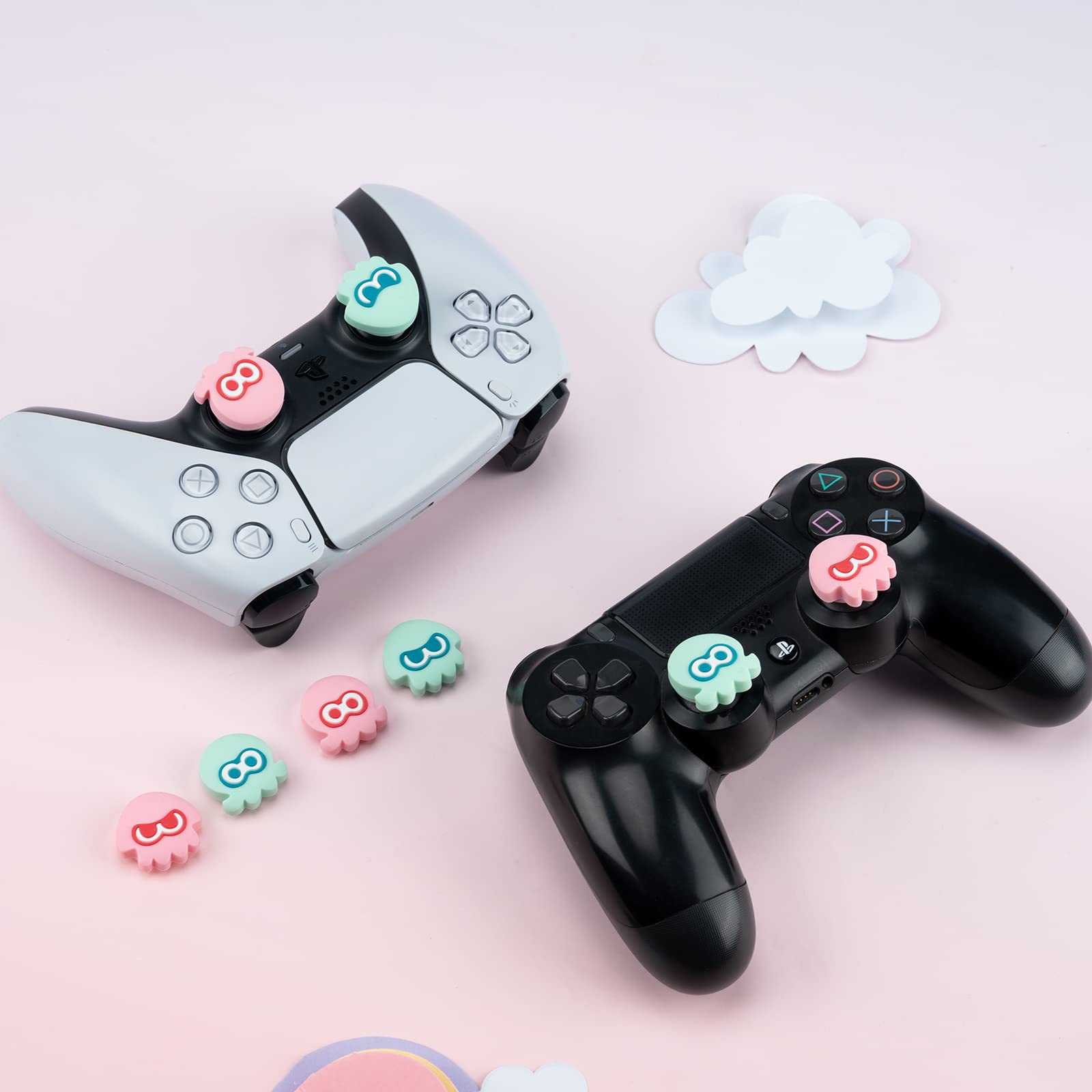 WISHAVEN Thumb Grip Caps Compatible with Playstation 5 Controller, Soft Silicone Thumbsticks Cover Set for Playstation PS5 PS4 and Switch Pro Controllers, 4Pcs - Squid & Octopus (Pink&Green)