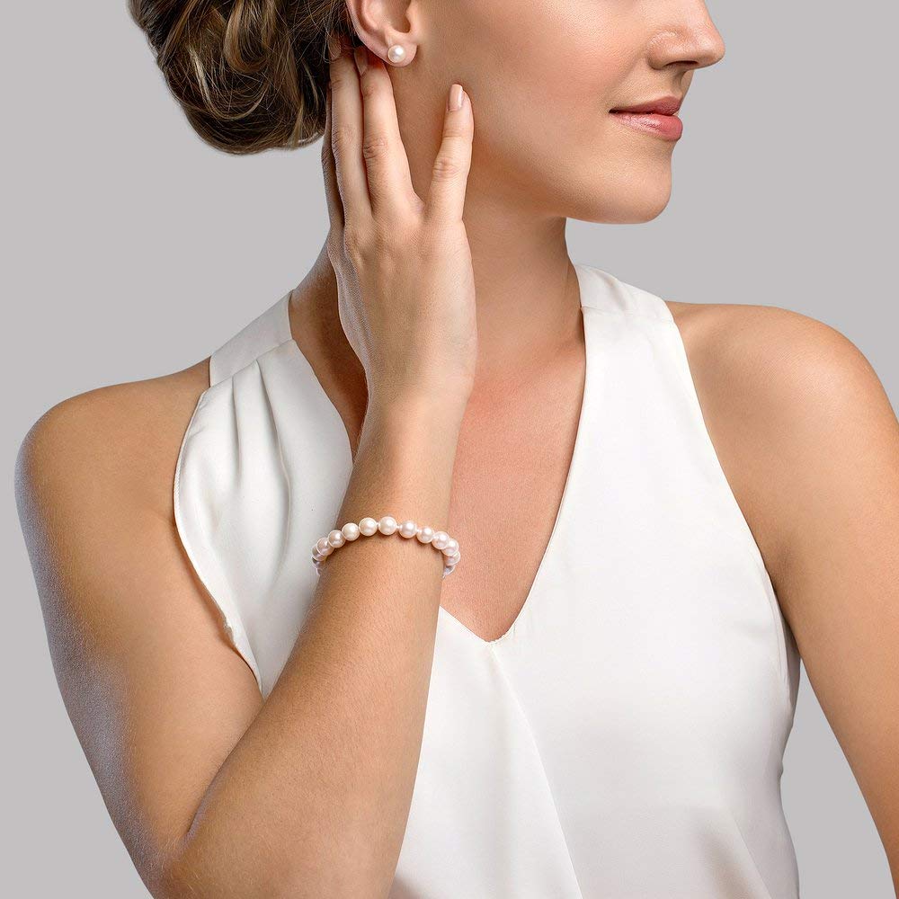 The Pearl Source 14K Gold 7-8mm AAA Quality Round White Freshwater Cultured Pearl Bracelet for Women