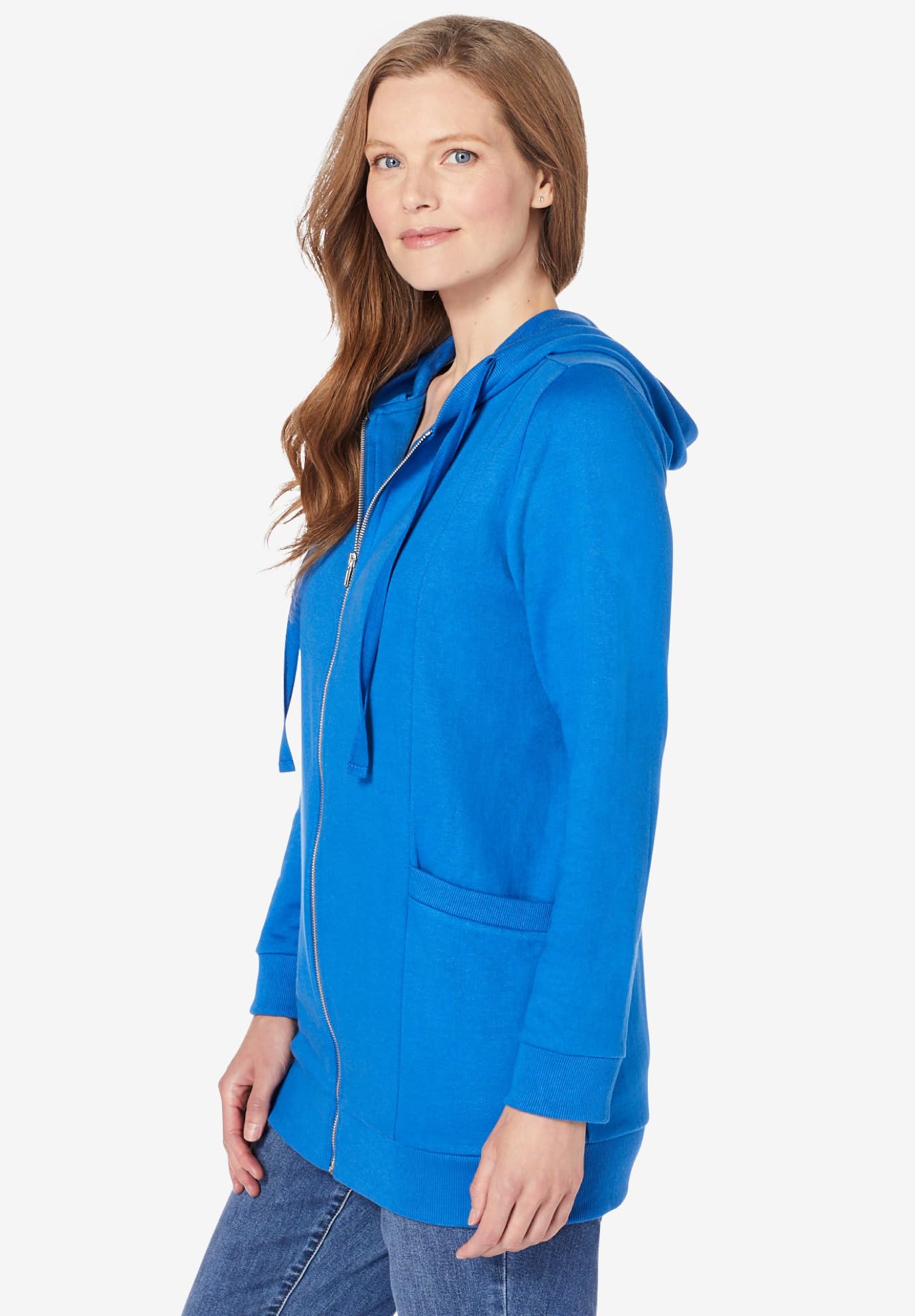 Woman Within Plus Size Zip Front Hoodie Jacket Long Oversized Fleece Jacket - 3X, Black