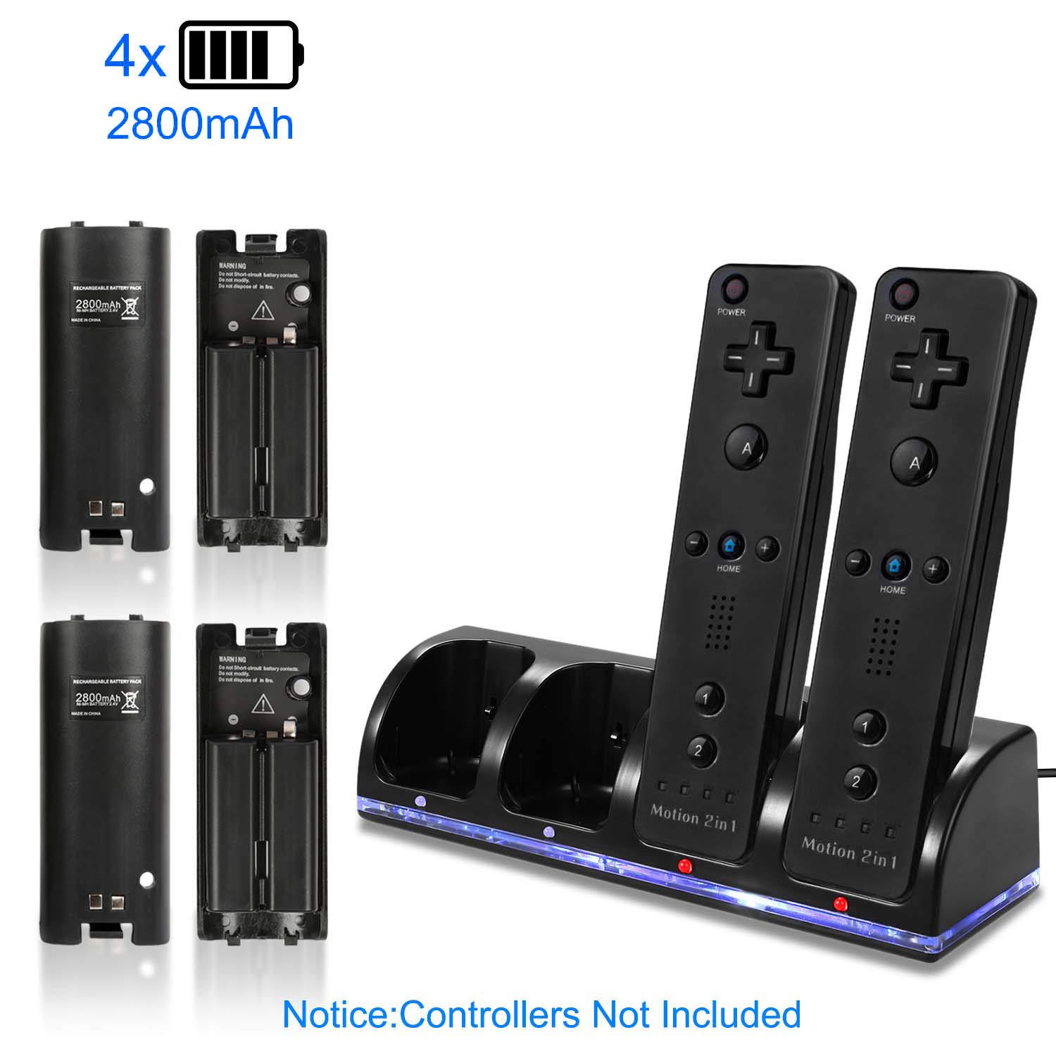 Wii Remote Battery Charger, Moclever 4 port Charging Station Dock with 4 Rechargeable Capacity Increased Batteries and Lengthened Cord Compatible with Wii/Wii U Game Remote Controller
