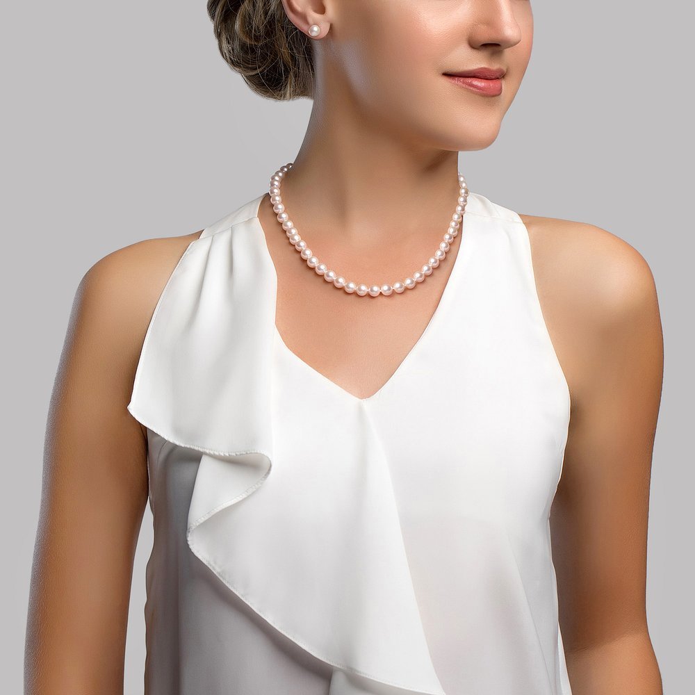 The Pearl Source 14K Gold 7.5-8mm AAA Quality Round White Akoya Cultured Pearl Necklace & Earrings Set in 18" Princess Length for Women