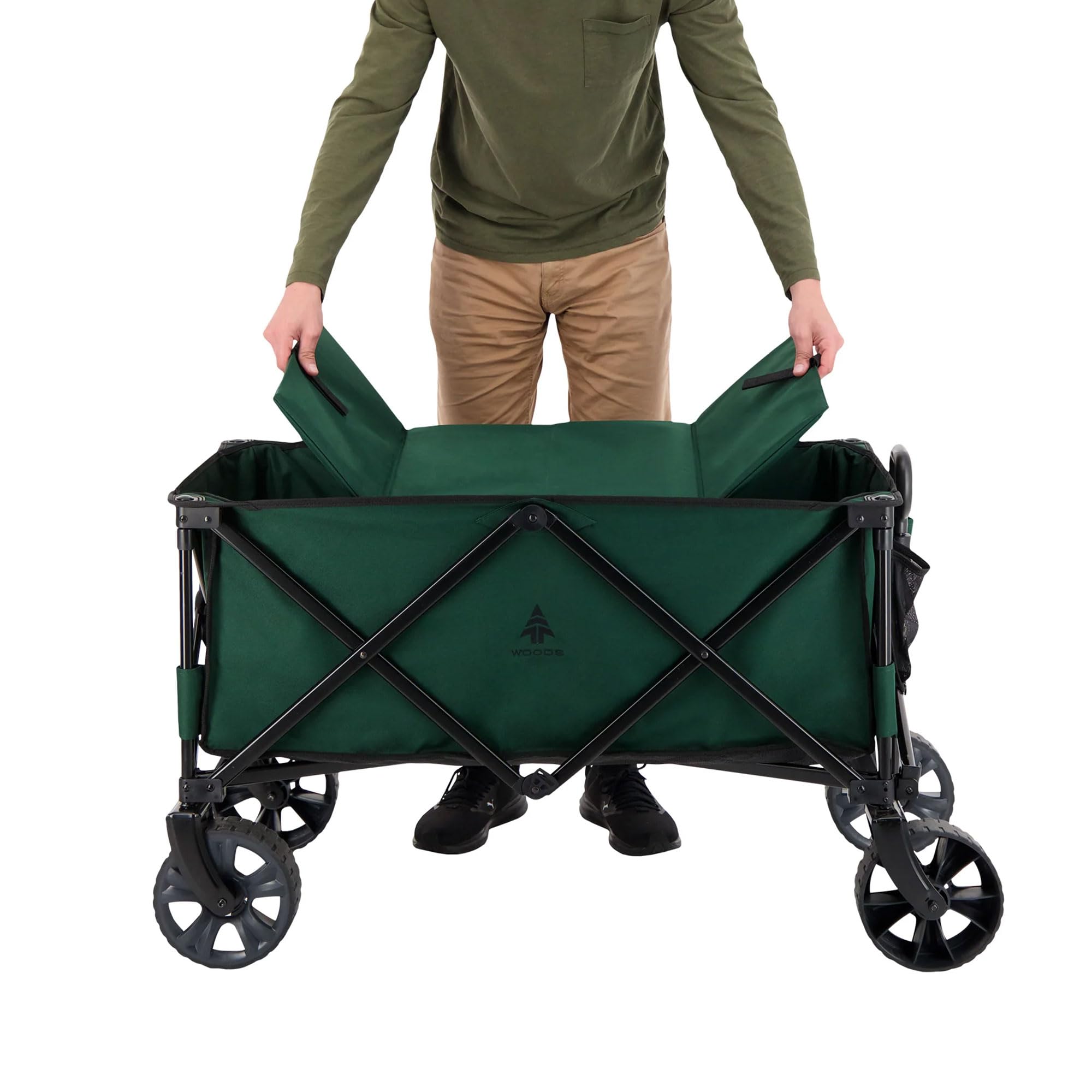 Woods Outdoor Collapsible Folding Garden Utility Wagon Cart w/ 225 Pound Capacity, 7 Cubic Feet of Storage for Camping, Beach, & Park, Green