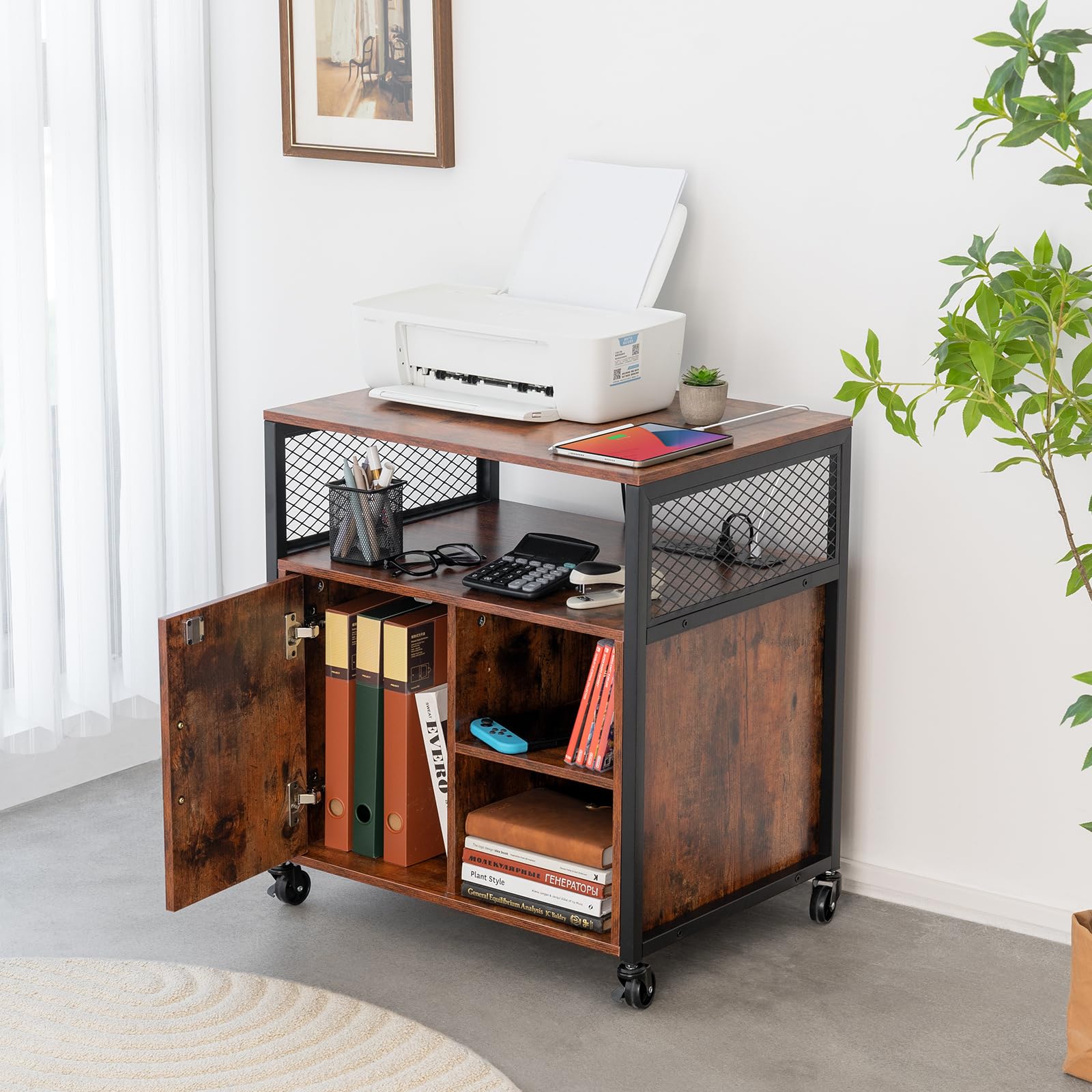 Yoobure Lateral File Cabinet with Charging Station, Filing Cabinet with Open Shelves, Rolling Printer Stand with Storage for A4 Letter Size File Folder, Office Storage Cabinet Printer Table with Lock