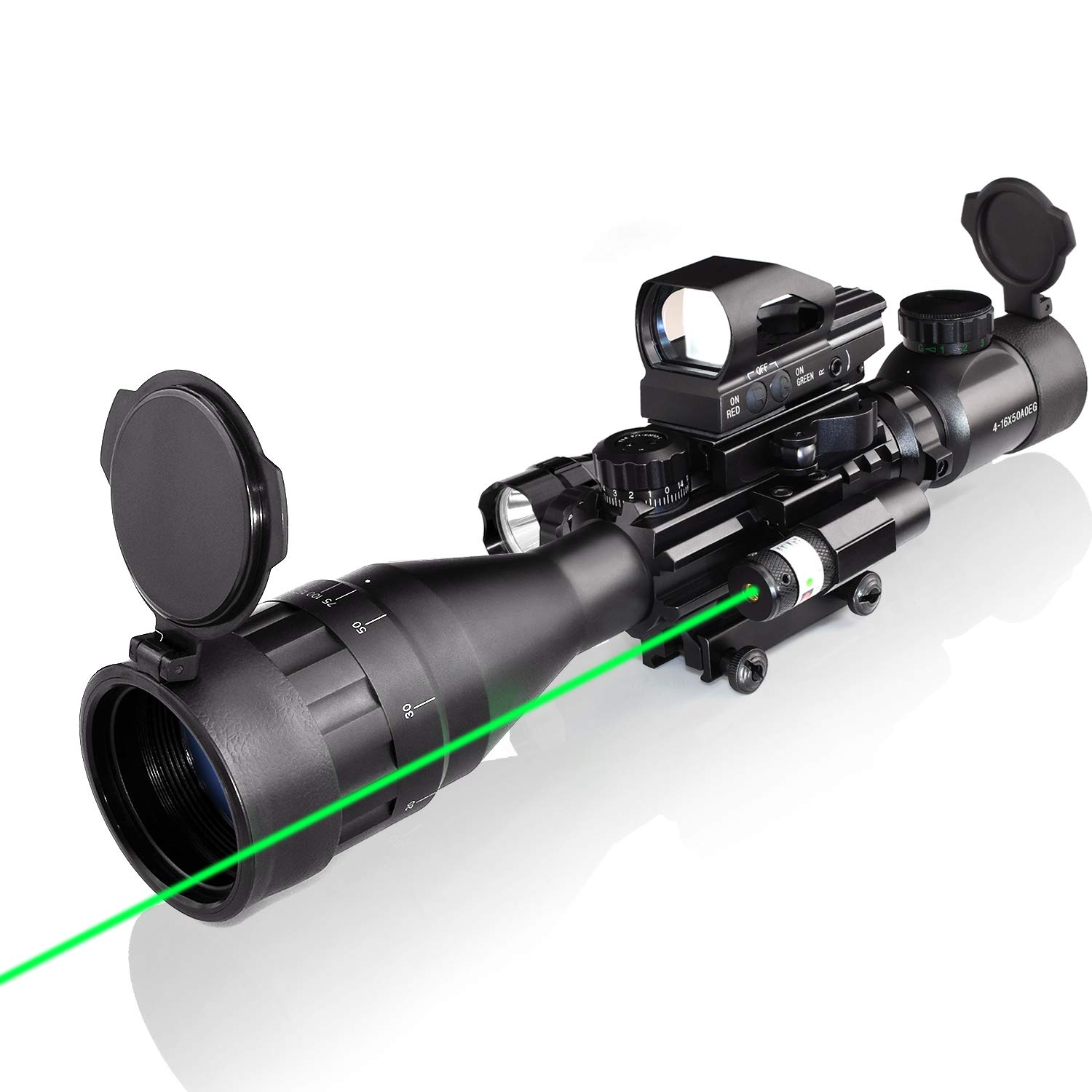 XOPin 4-16x50AO Rifle Scope Combo Dual Illuminated with Green Laser Sight 4 Holographic Reticle Red Dot for Rail Mount