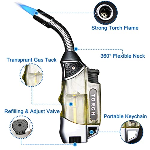 Yeuligo Torch Lighters, Butane Lighter with 360° Flexible Neck and Visible Window, Refillable Grill Lighter with keyhole, Clear(without Gas)