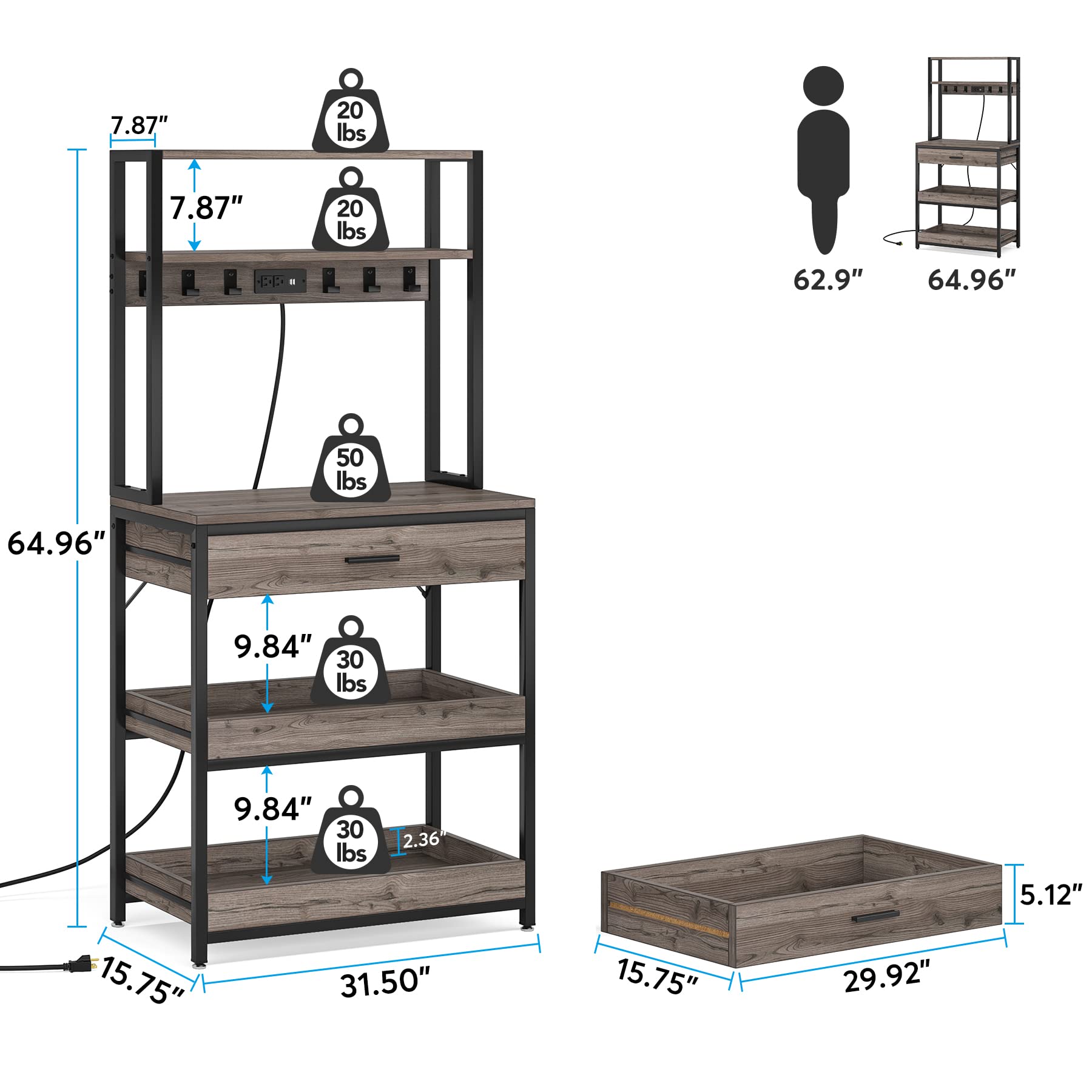 Tribesigns Kitchen Bakers Rack with Power Outlets, 5-Tier Microwave Oven Stand with Drawer and Sliding Shelves, Freestanding Coffee Bar, Kitchen Storage Shelf Organizer with 6 Hooks, Grey