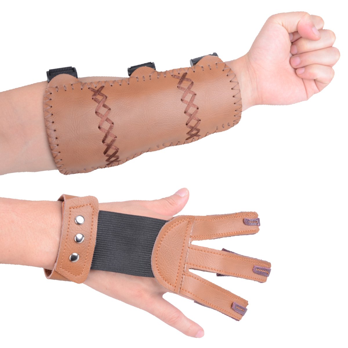 XTACER Finger Protector & Arm Guard 3-Strap Ventilated Arm Guard with Three Fingers Design for Archery (L for Men or Women, Brown)