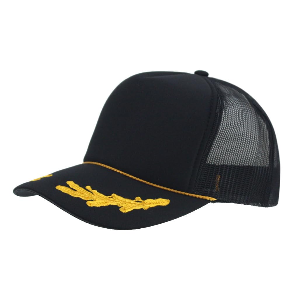 The Vintage Year High Crown Foam Mesh Camouflage Oak Leaves Captain Trucker Hat Baseball Cap (Black/Gold)