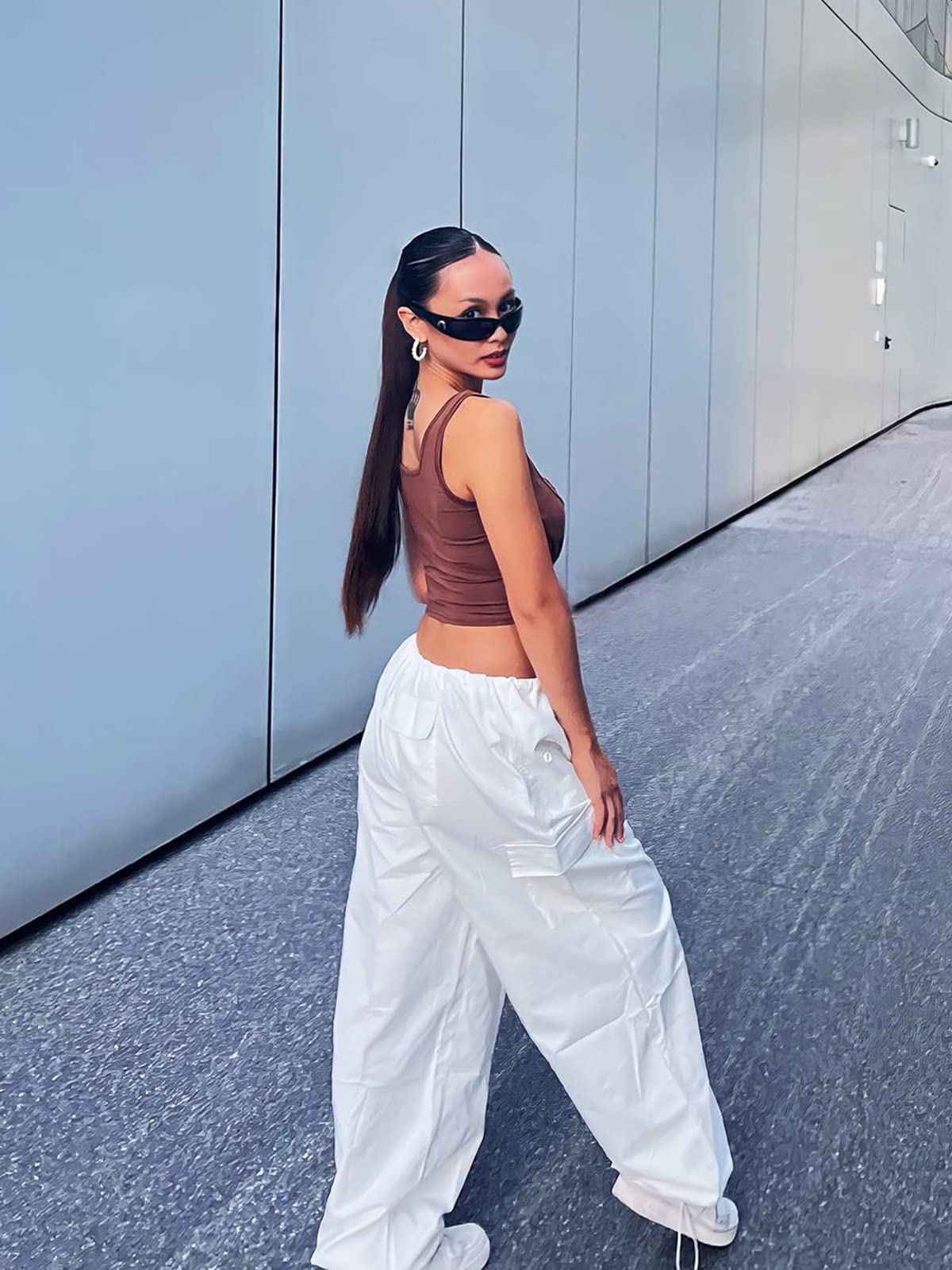 Xineicy Parachute Pants for Women Drawstring Baggy Cargo Pants Y2K Trouser Low Rised Jogger Sweatpants Loose Hip Hop A White