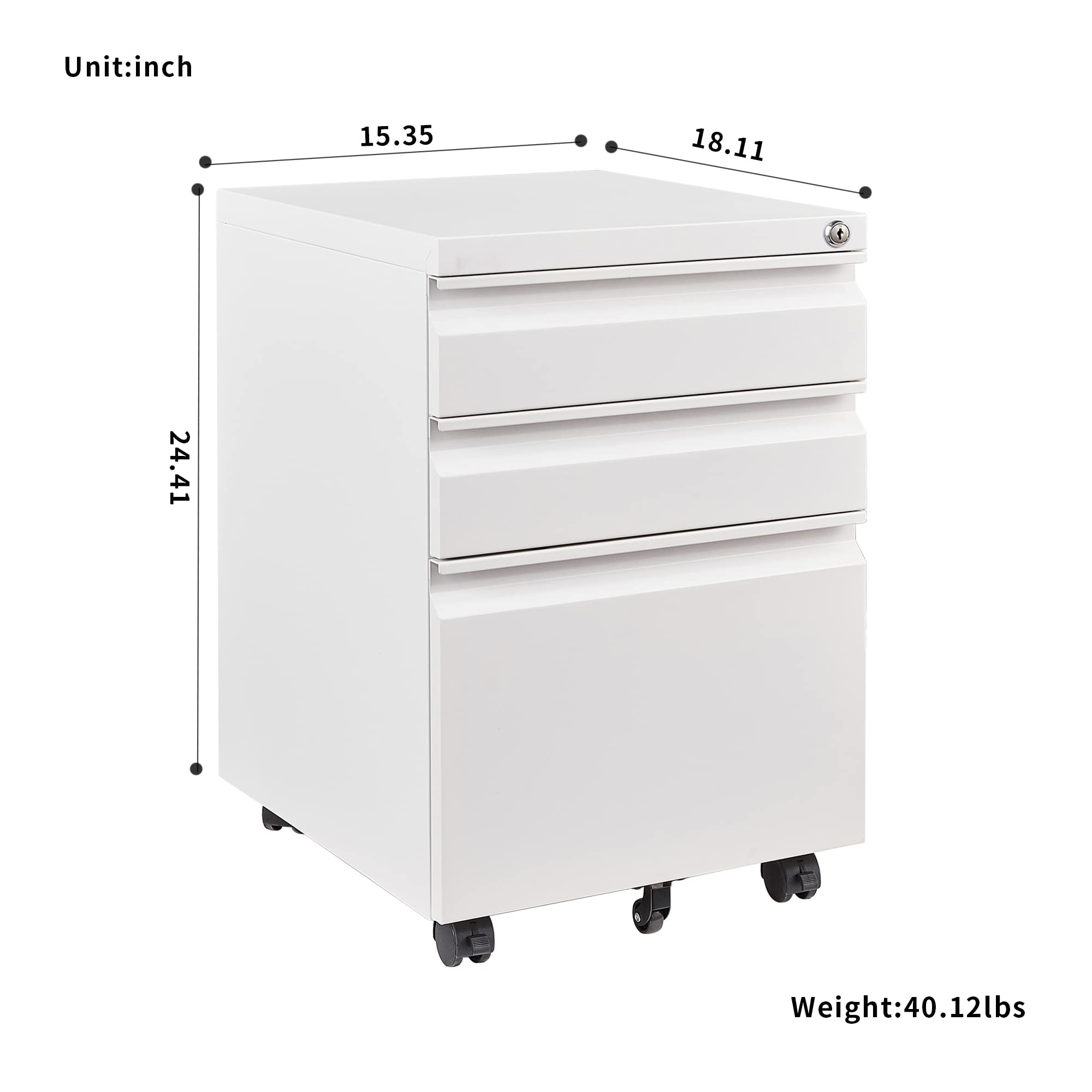 YAOACXIN Mobile Filing Cabinet with Lock and 3 Drawers Steel File Cabinet On Wheels for Legal/Letter Size (White)
