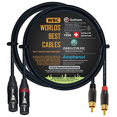 WORLDS BEST CABLES 6 Foot - RCA to XLR (Female) Cable Pair – Gotham GAC-4/1 (Black) Star-Quad Audio Interconnect Cable & Amphenol ACPL RCA & Neutrik Female XLR Gold Plugs - CUSTOM MADE