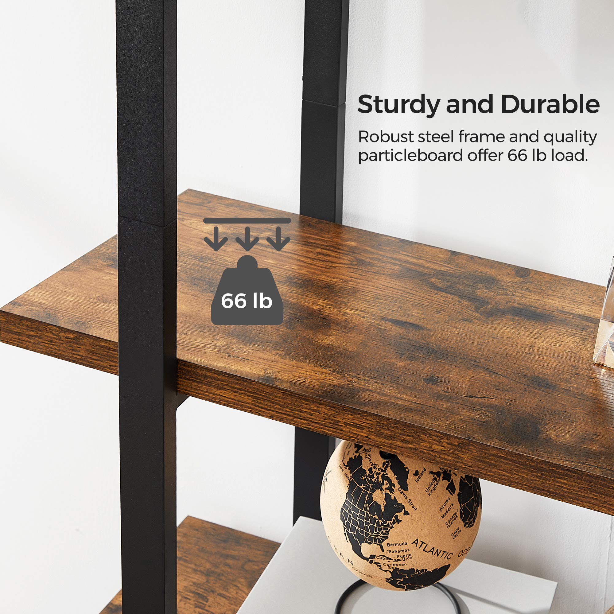 VASAGLE Industrial Bookshelf, 5-Tier Bookcase, Display Rack, Stable Ladder Shelf, Easy Assembly, Living Room, Bedroom, Office, Rustic Brown and Black ULLS55BX
