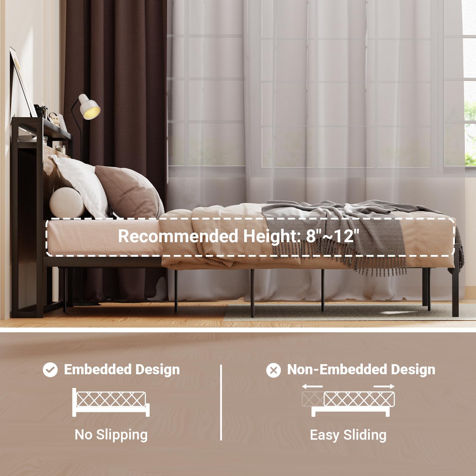 Zevemomo King Bed Frame, King Size Metal Platform Bed Frame with 2-Tier Storage Wood Headboard and Power Outlets, USB Ports Charging Station/No Box Spring Needed/Noise-Free/Easy Assembly/Brown