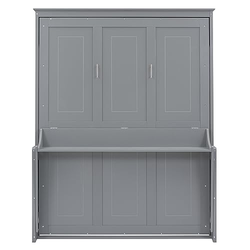 WOXYX Queen Size Murphy Cabinet Bed with A Storage Shelf, Wood Fold able Wall Bed Frame for Home Office Studio,Gray